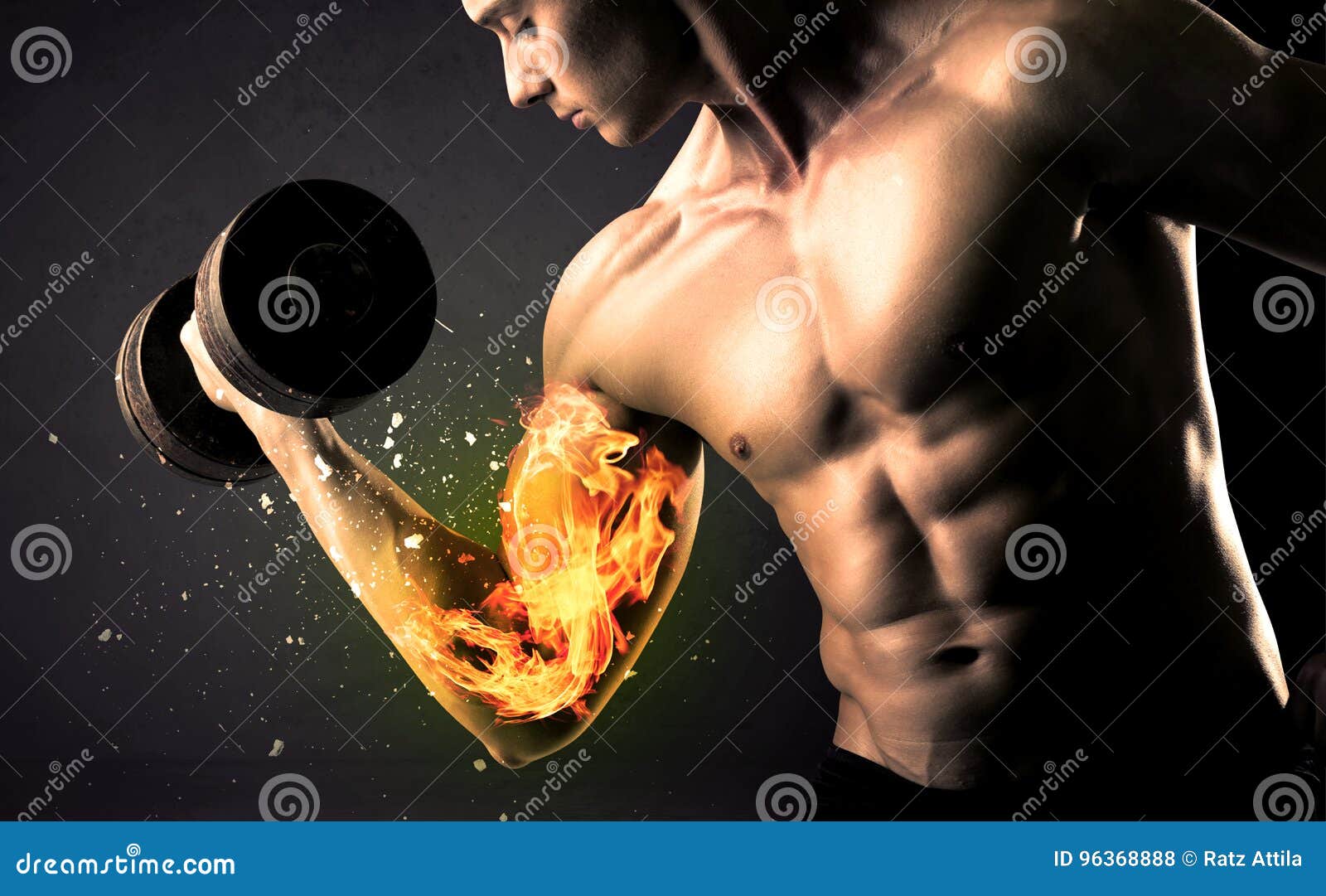 Bodybuilder Athlete Lifting Weight with Fire Explode Arm Concept Stock ...