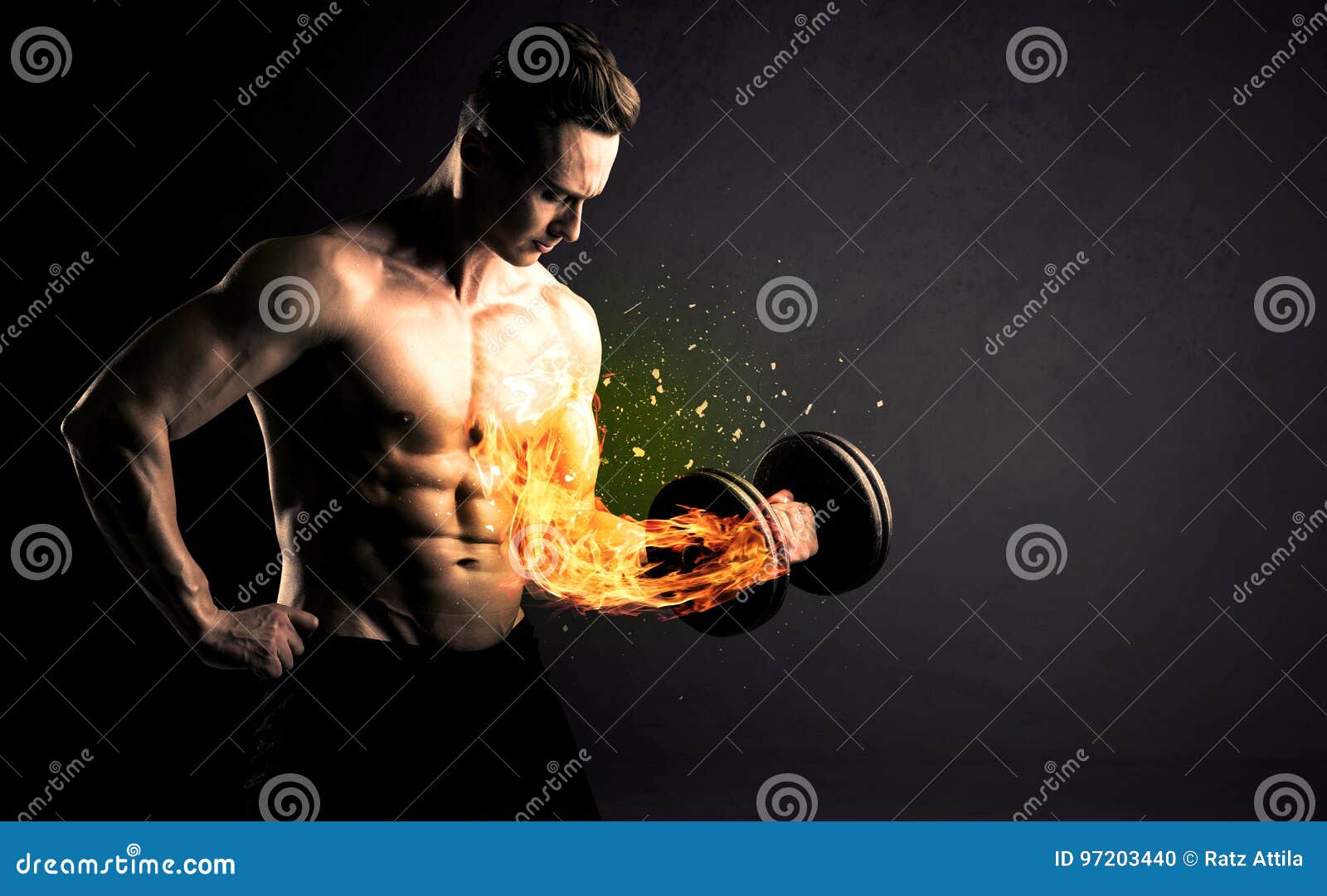 Bodybuilder Athlete Lifting Weight with Fire Explode Arm Concept Stock ...
