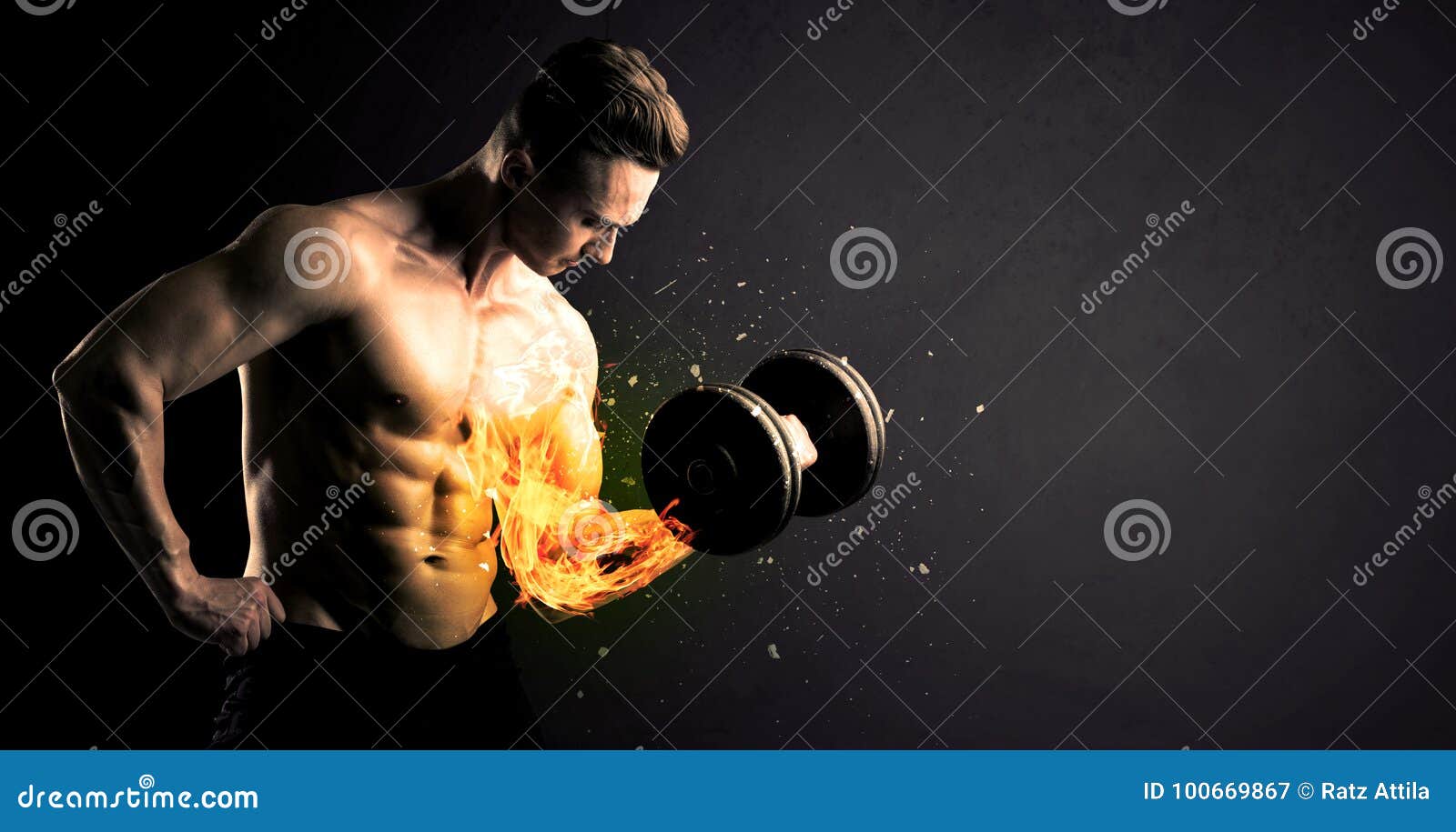 Bodybuilder Athlete Lifting Weight with Fire Explode Arm Concept Stock ...