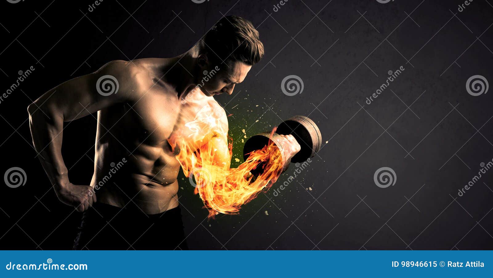 Bodybuilder Athlete Lifting Weight with Fire Explode Arm Concept Stock ...