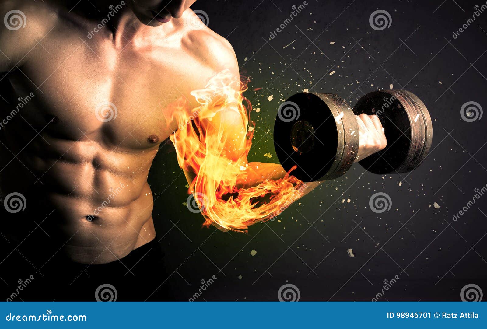 Bodybuilder Athlete Lifting Weight with Fire Explode Arm Concept Stock ...