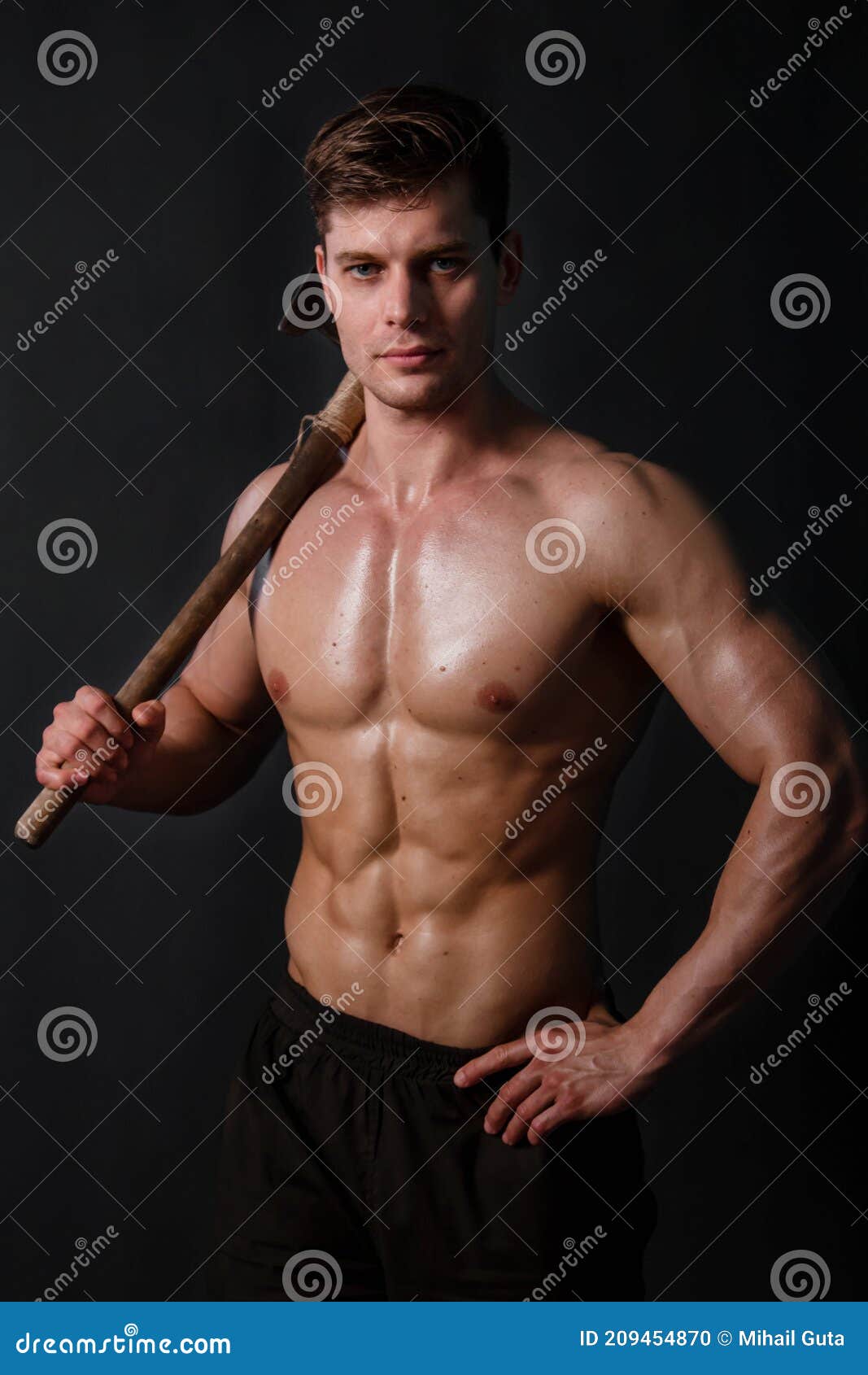 Bodybuilder with an Ax in His Hands on a Black Background Stock Photo - Image of face, male ...