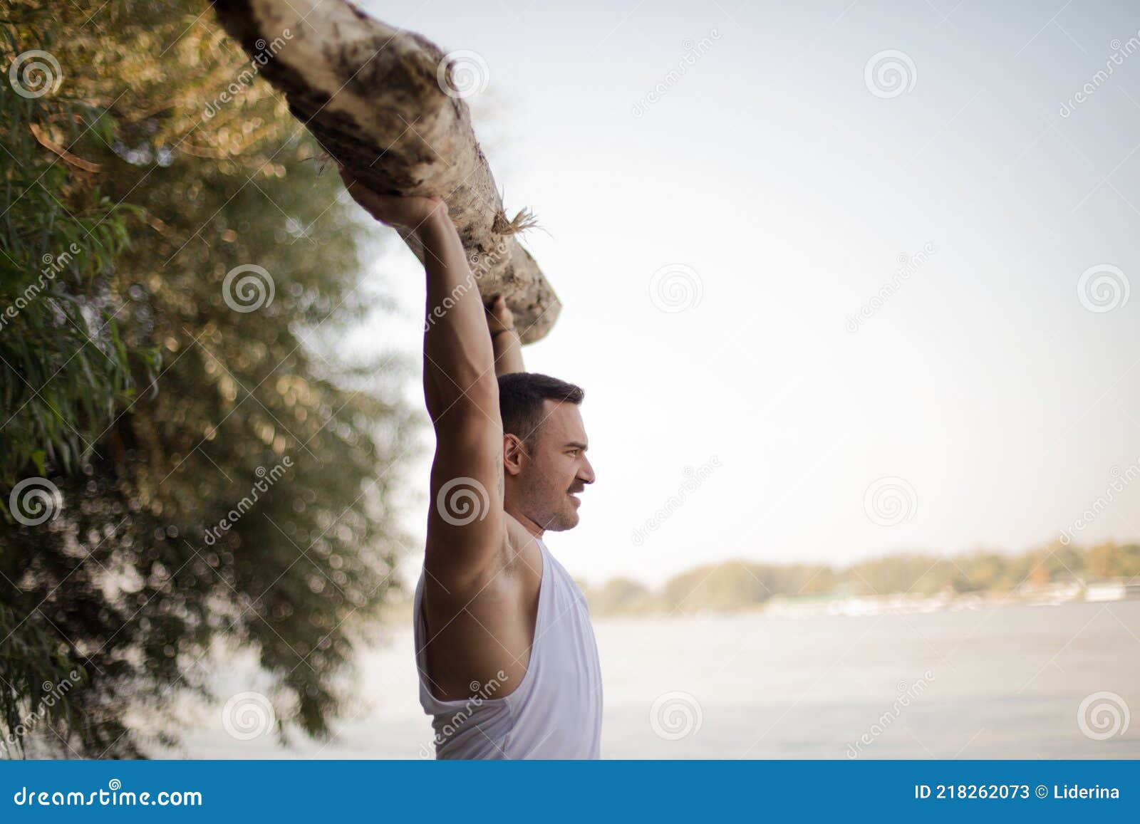 Bodybuilder on the Beach Picks Up a Tree. Stock Image - Image of ...