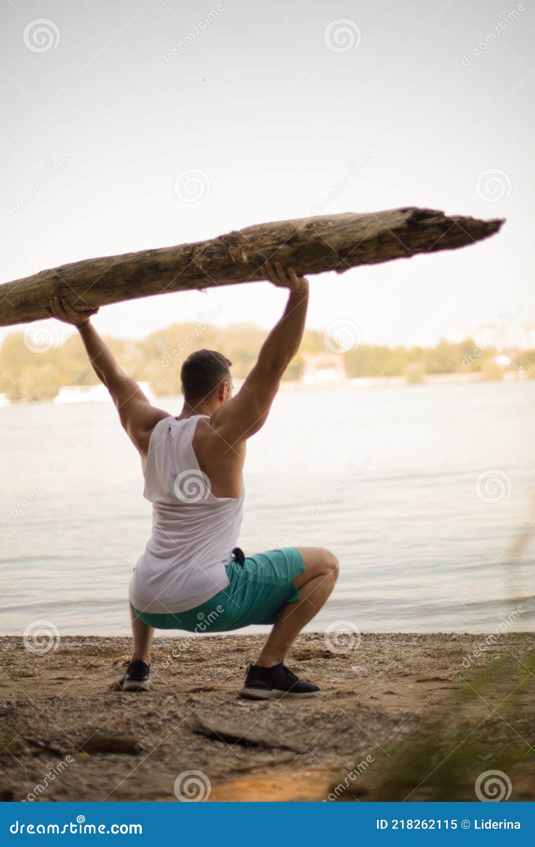 Bodybuilder on the Beach Picks Up a Tree. Stock Image - Image of ...