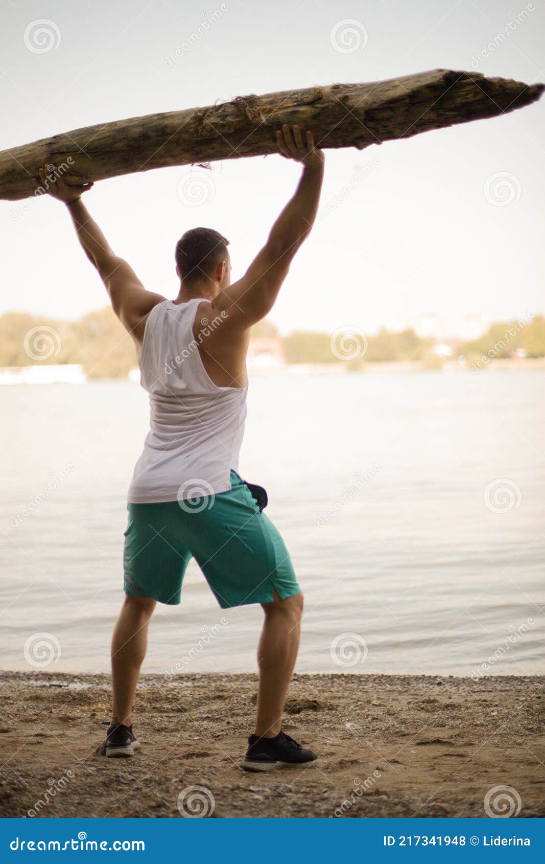 Bodybuilder on the Beach Picks Up a Tree and Exercises Stock Photo ...