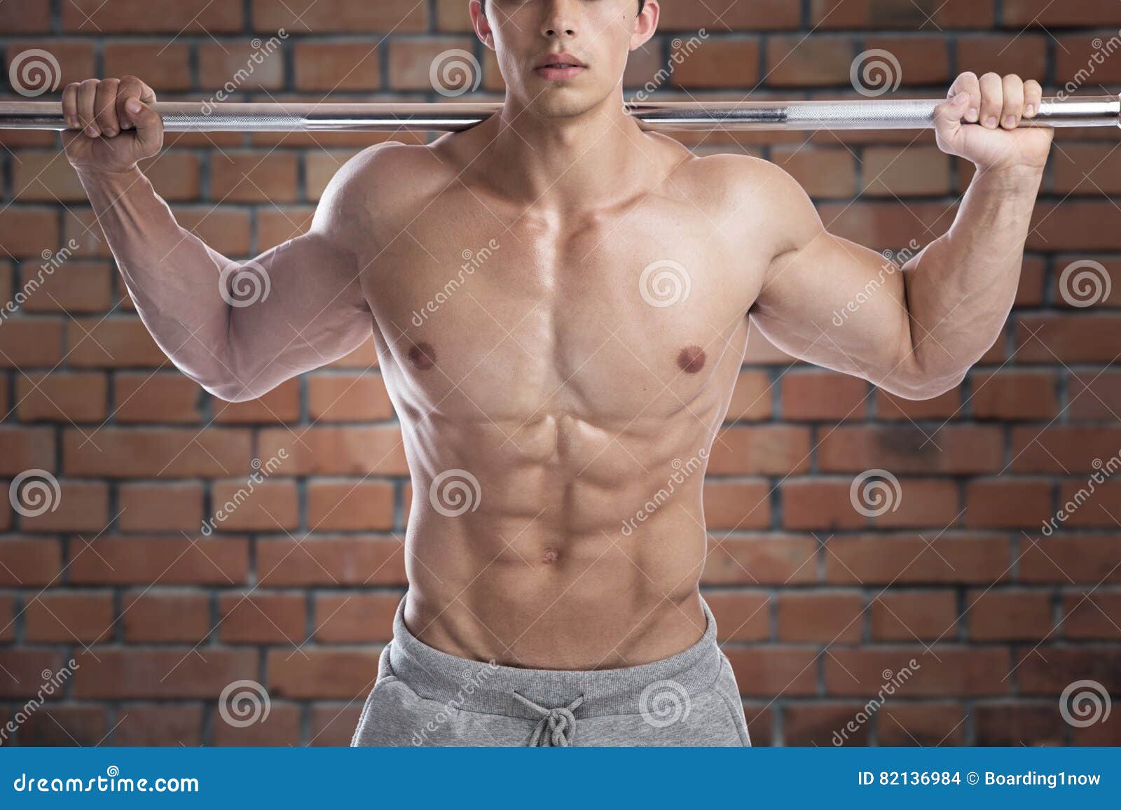 Bodybuilder Bodybuilding Muscles Abs Brick Wall Strong Muscular Stock ...