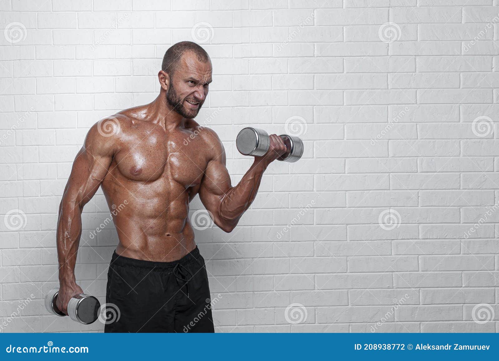Bodybuilder Doing Exercises for Biceps with a Dumbbells Against Brick ...