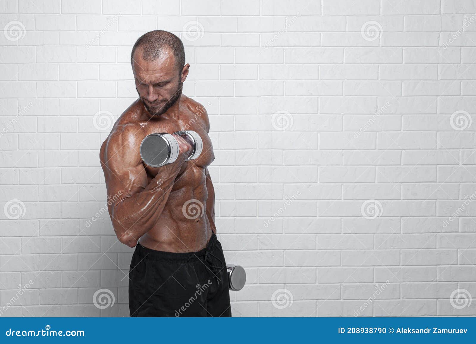 Bodybuilder Doing Exercises for Biceps with a Dumbbells Against Brick ...