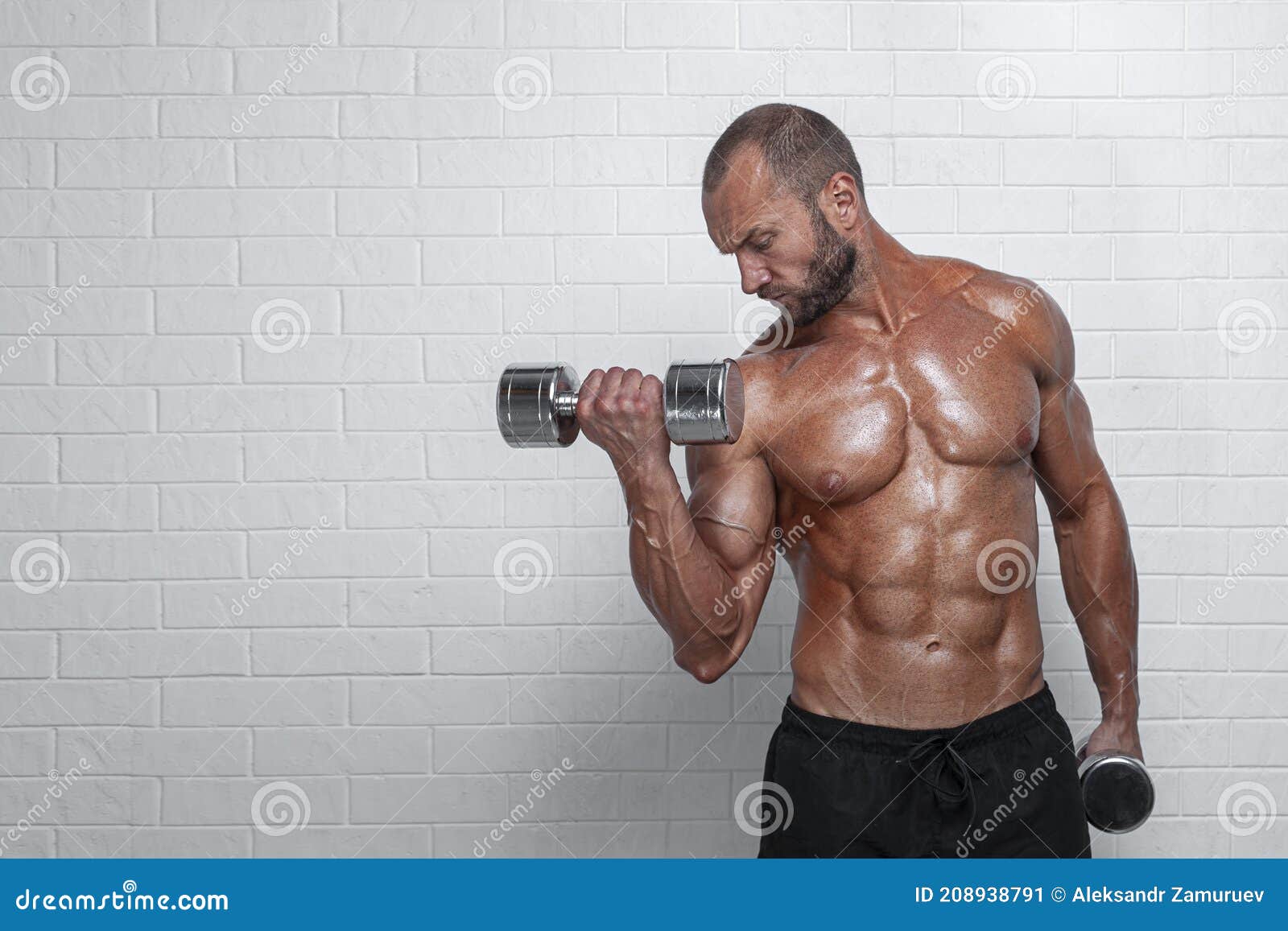 Bodybuilder Doing Exercises for Biceps with a Dumbbells Against Brick ...