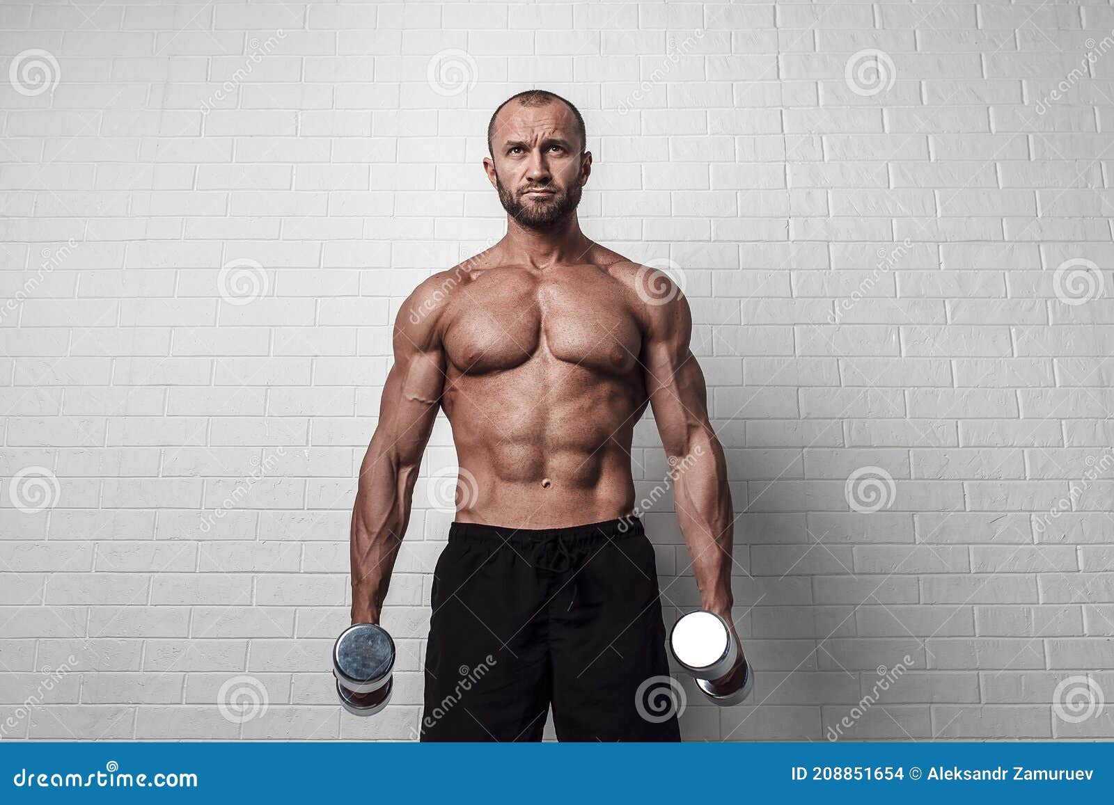 Bodybuilder Doing Exercises for Biceps with a Dumbbells Against Brick ...