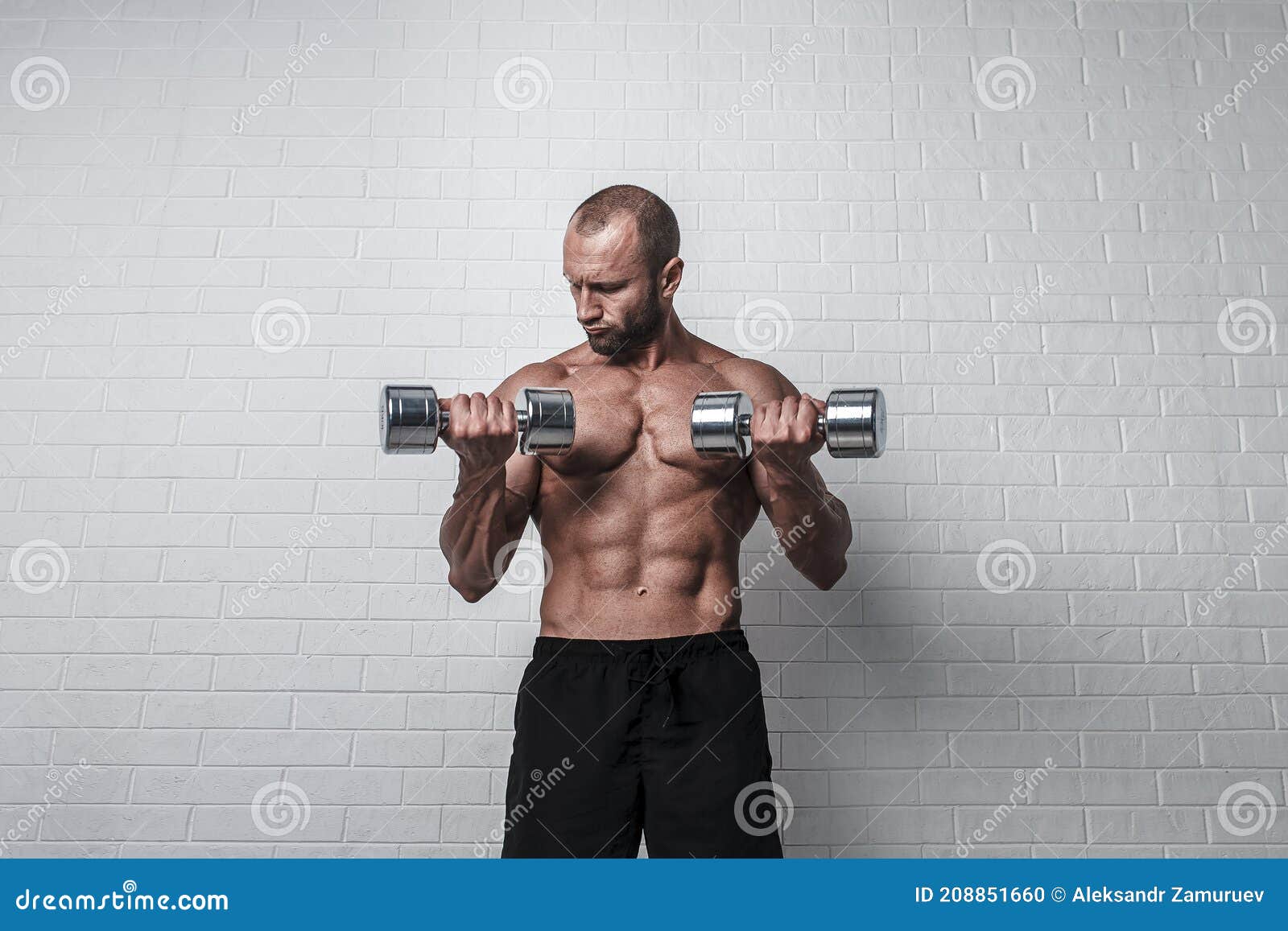 Bodybuilder Doing Exercises for Biceps with a Dumbbells Against Brick ...