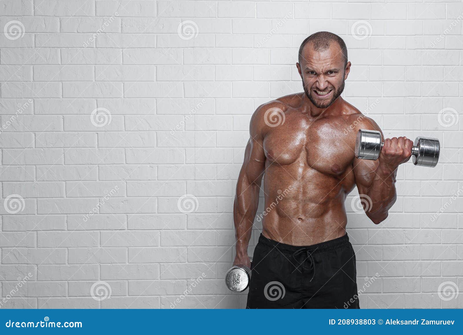 Bodybuilder Doing Exercises for Biceps with a Dumbbells Against Brick ...