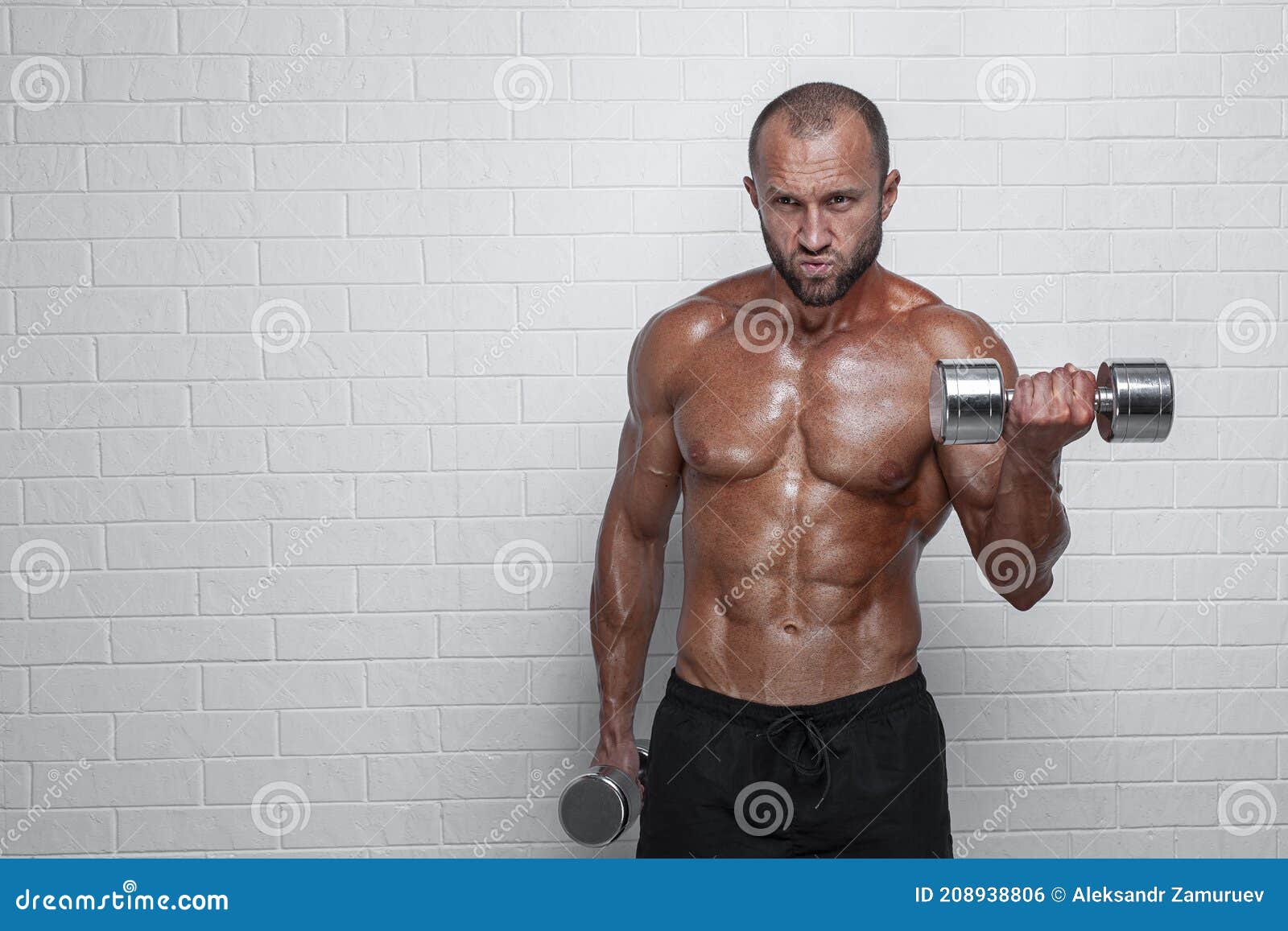 Bodybuilder Doing Exercises for Biceps with a Dumbbells Against Brick ...