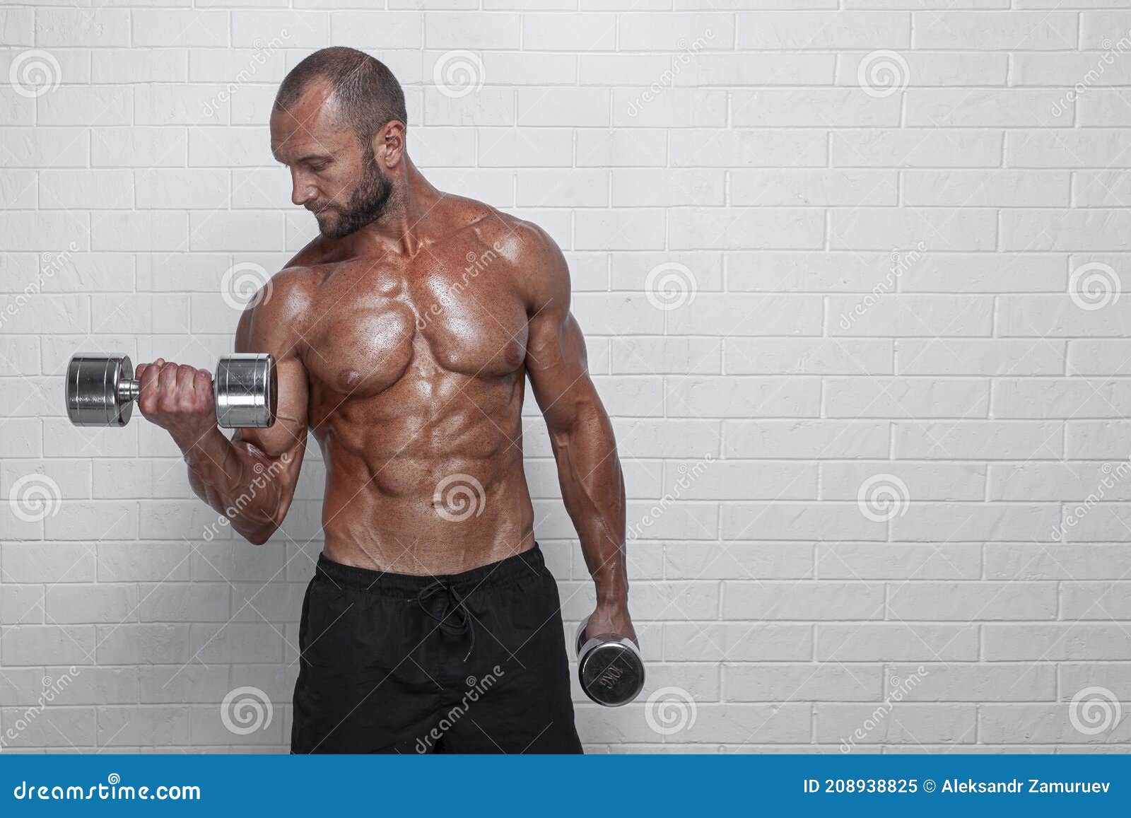Bodybuilder Doing Exercises for Biceps with a Dumbbells Against Brick ...