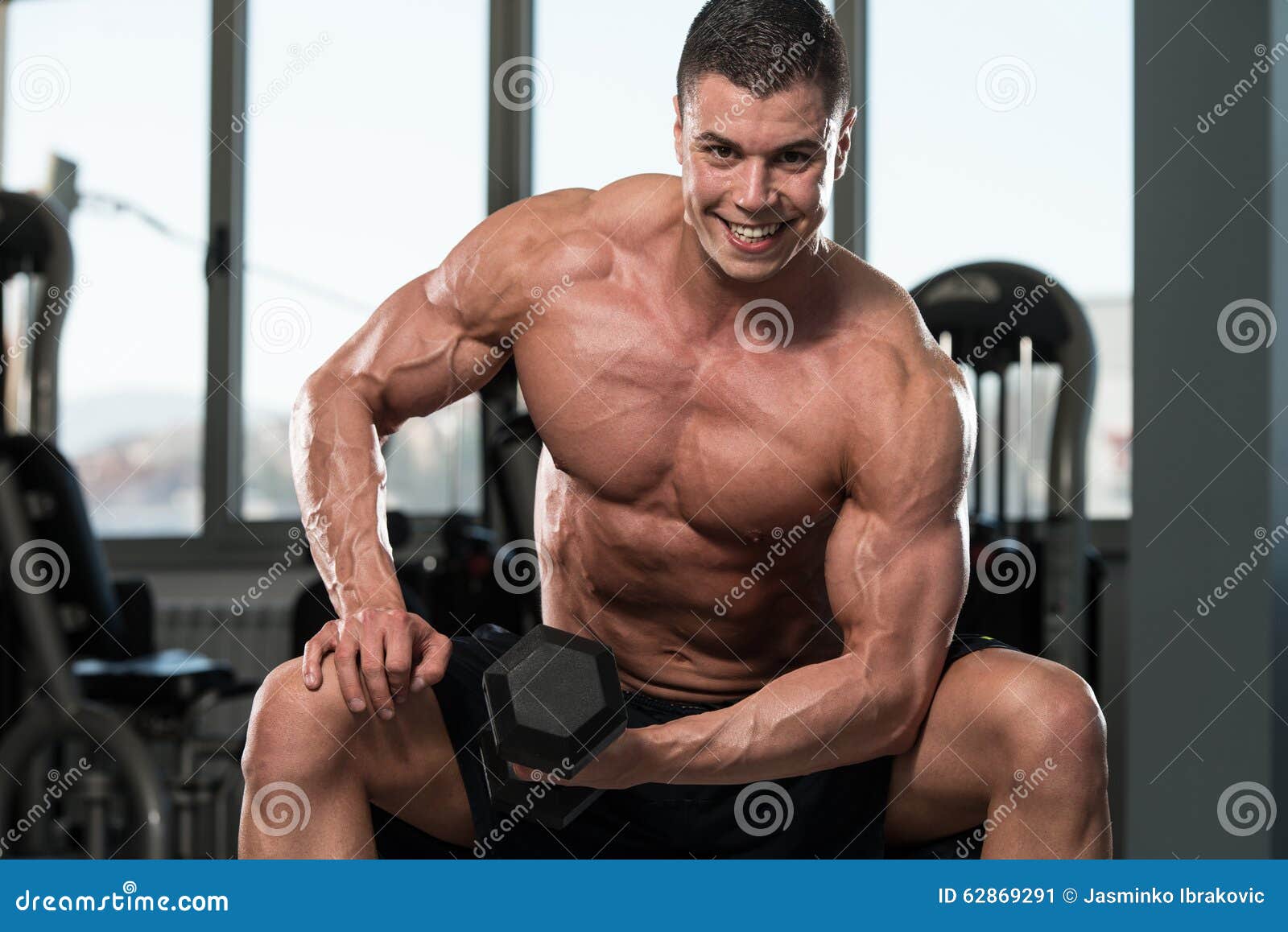 Bodybuilder Exercise with Dumbbells Stock Image - Image of muscles ...