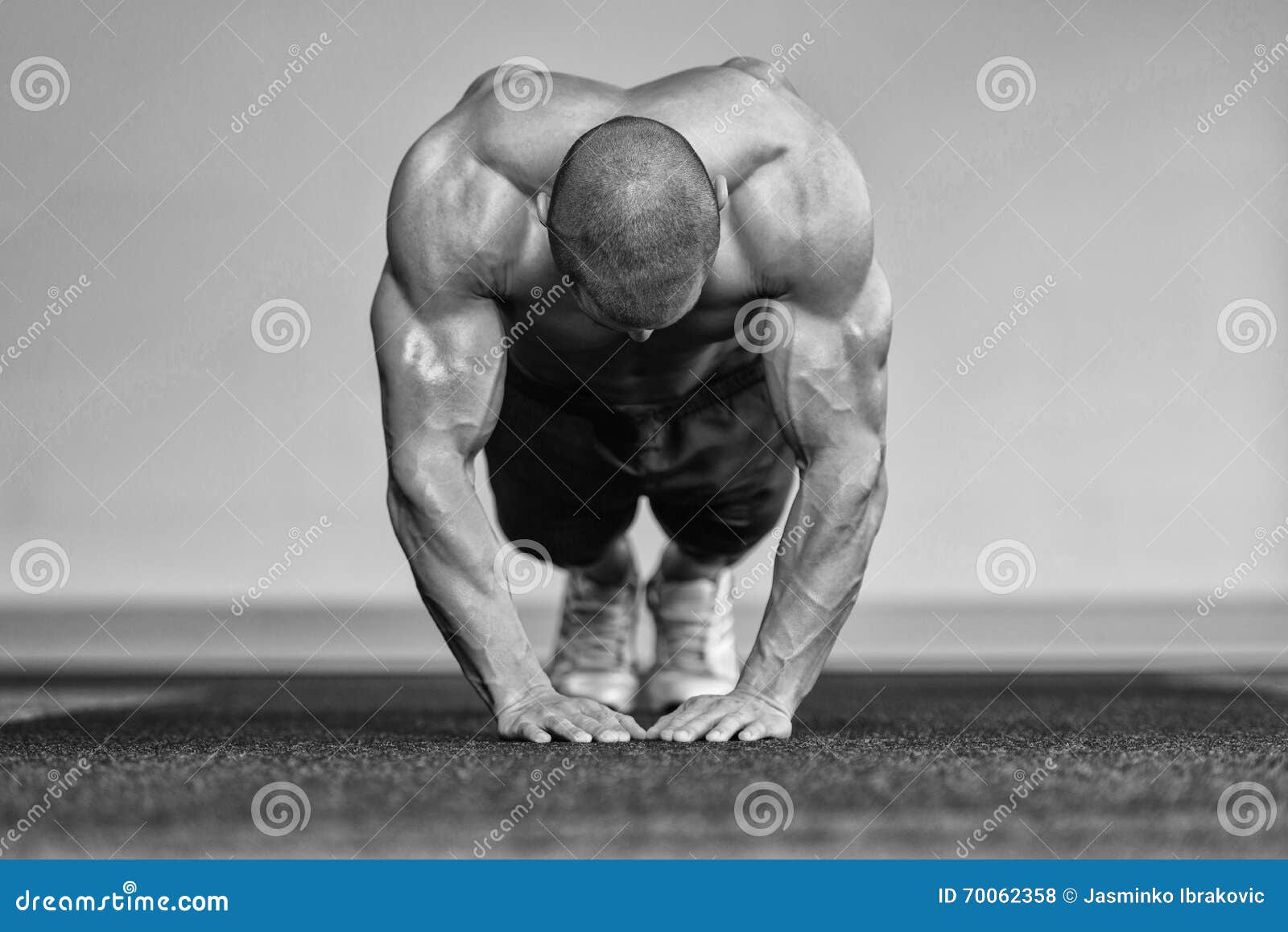 Bodybuilder Exercising Push Ups on Floor Stock Photo - Image of health ...