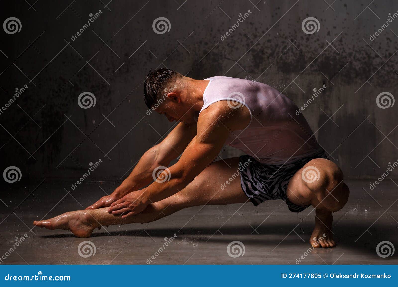 Athlete Bodybuilder Trains in the Studio in the Rain. Stock Image ...