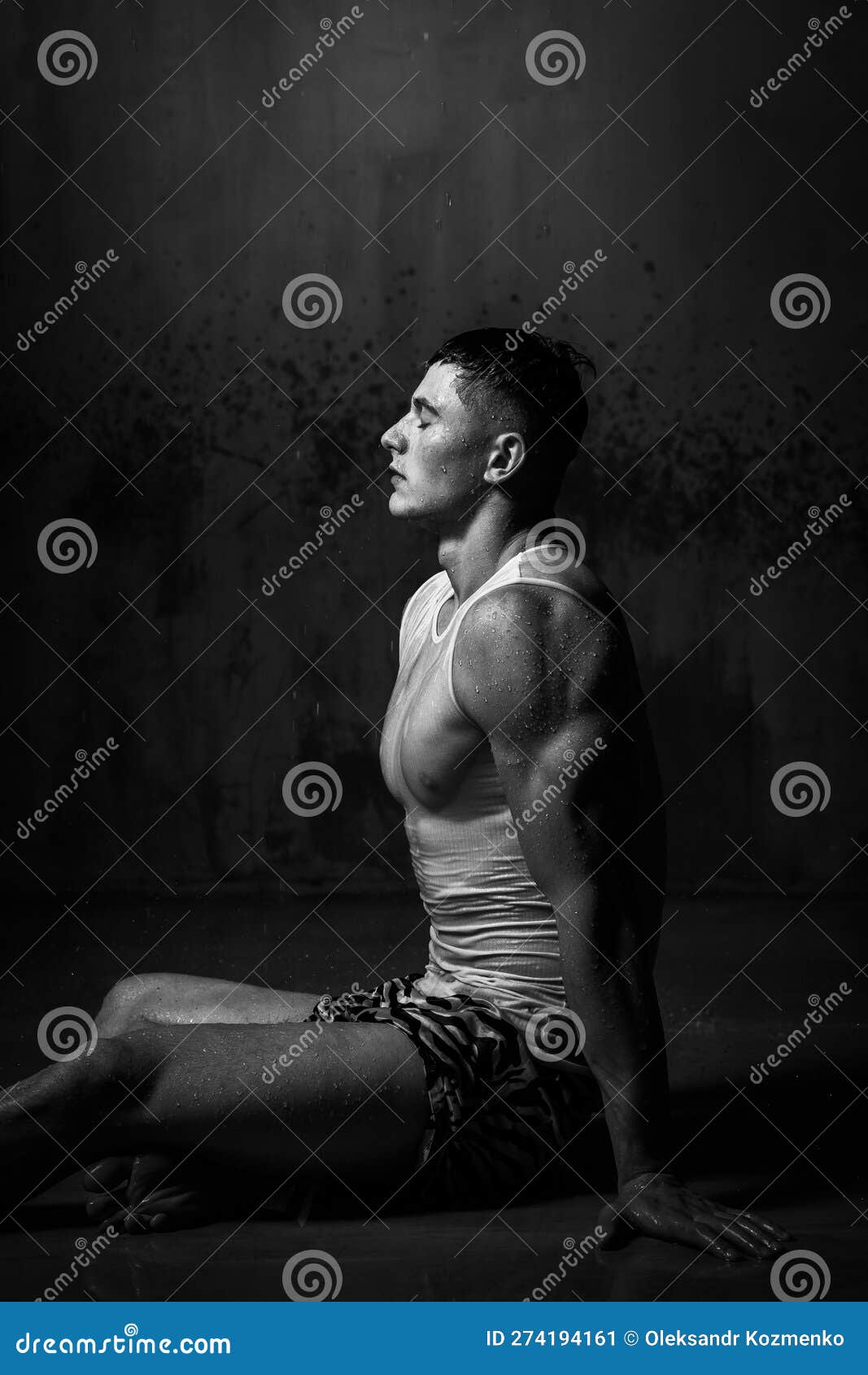 Athlete Bodybuilder Trains in the Studio in the Rain. Stock Image ...