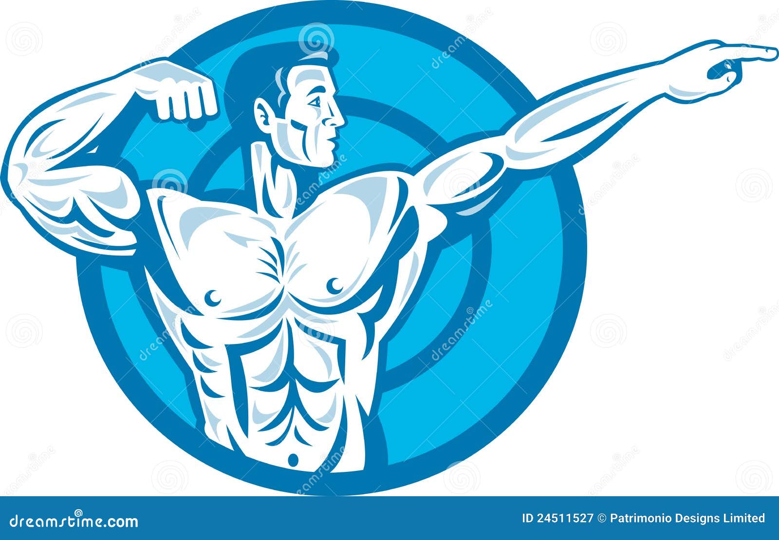 Bodybuilder Flexing Muscles Pointing Side Retro Cartoon Vector ...