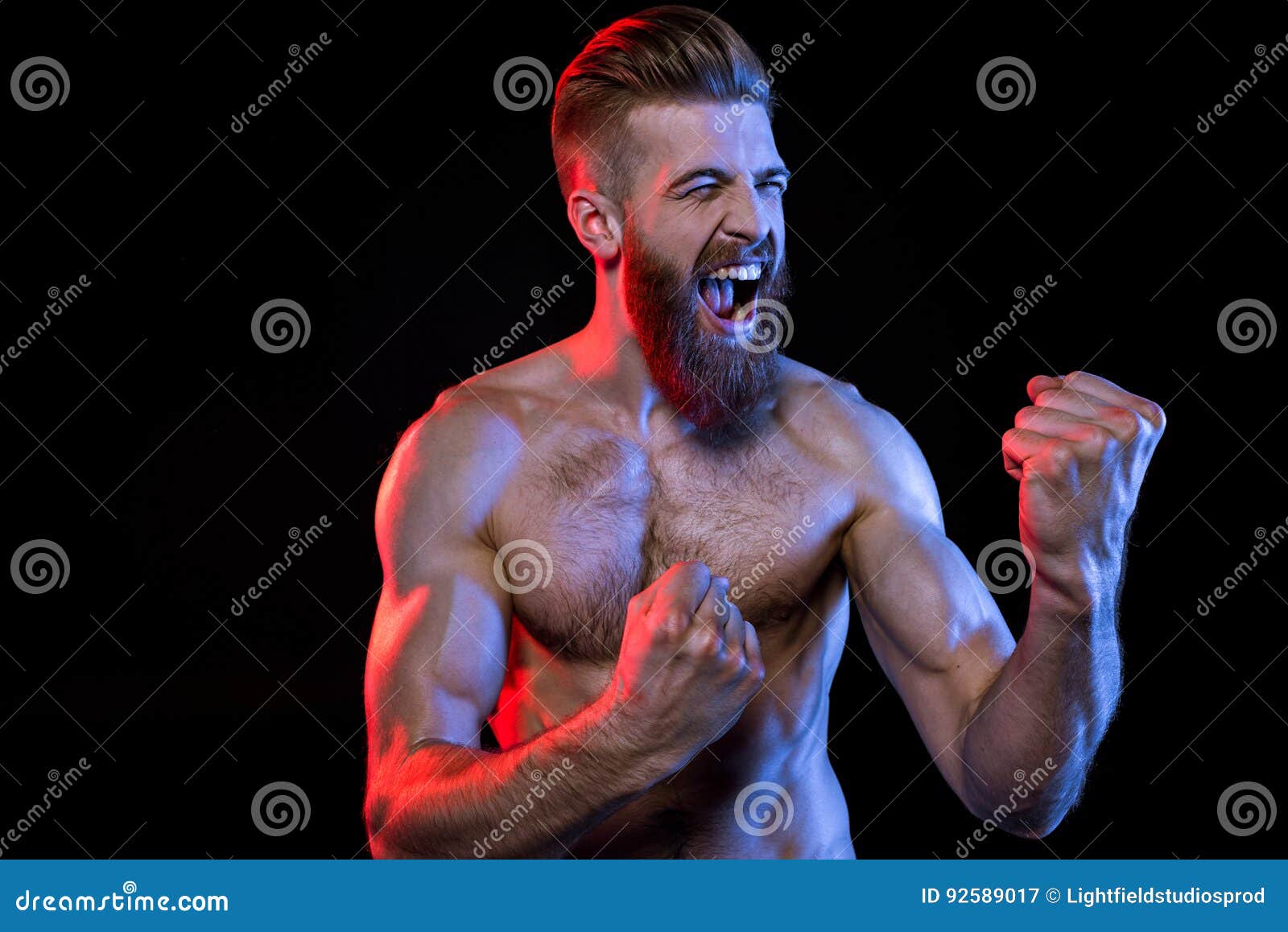 Bodybuilder Gesturing and Yelling Isolated on Black with Dramatic ...