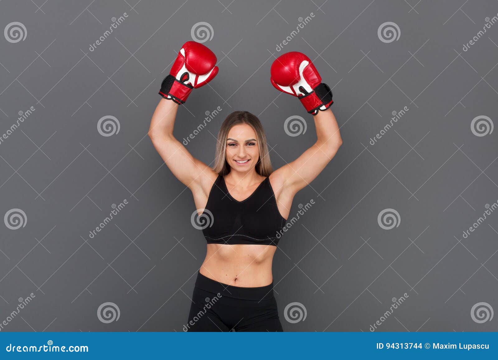 Bodybuilder in Gloves with Hands Up Stock Photo - Image of sport ...