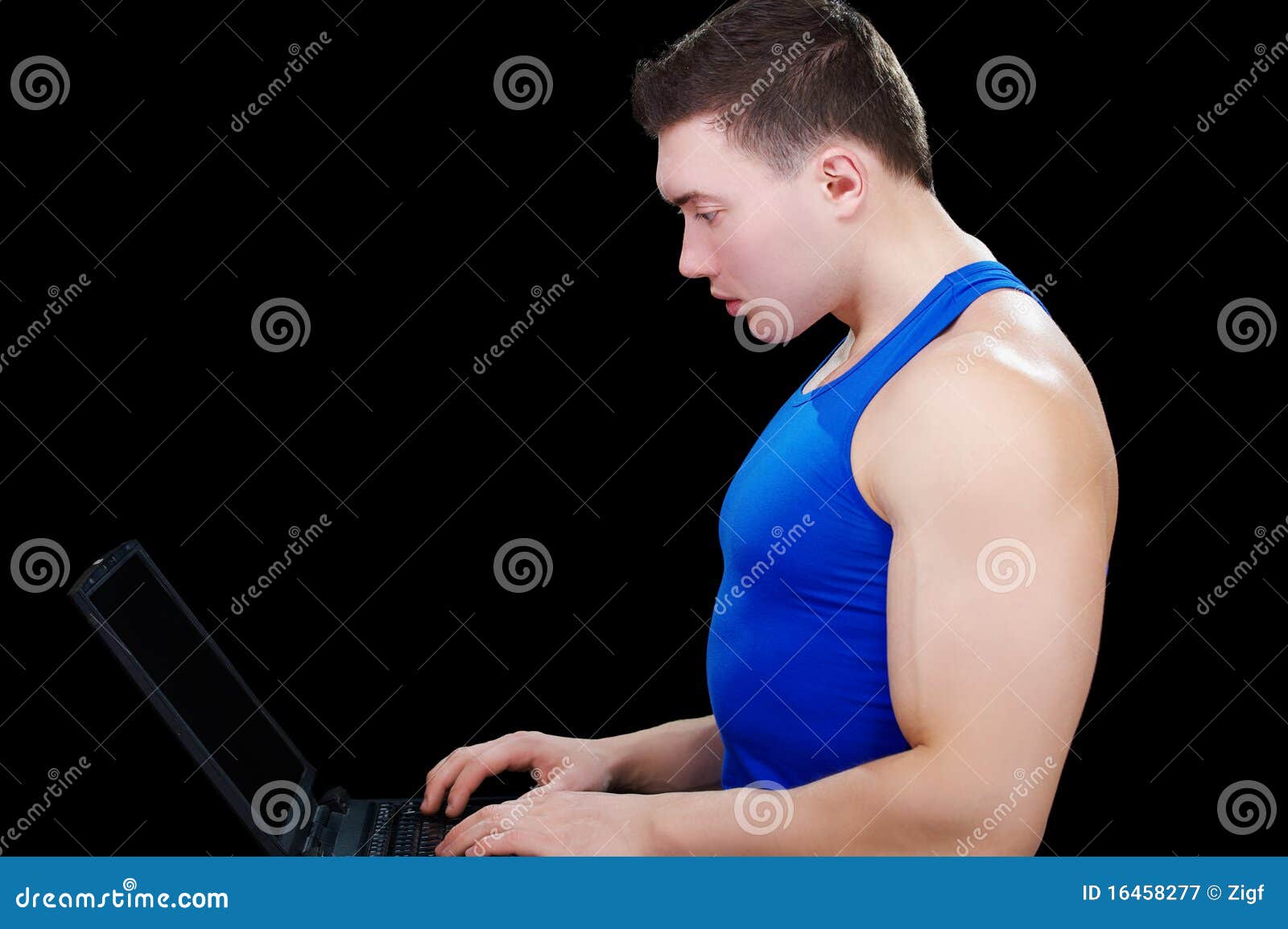 Bodybuilder Guy with Laptop Stock Image - Image of alone, face: 16458277