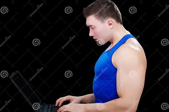 Bodybuilder Guy with Laptop Stock Image - Image of alone, face: 16458277