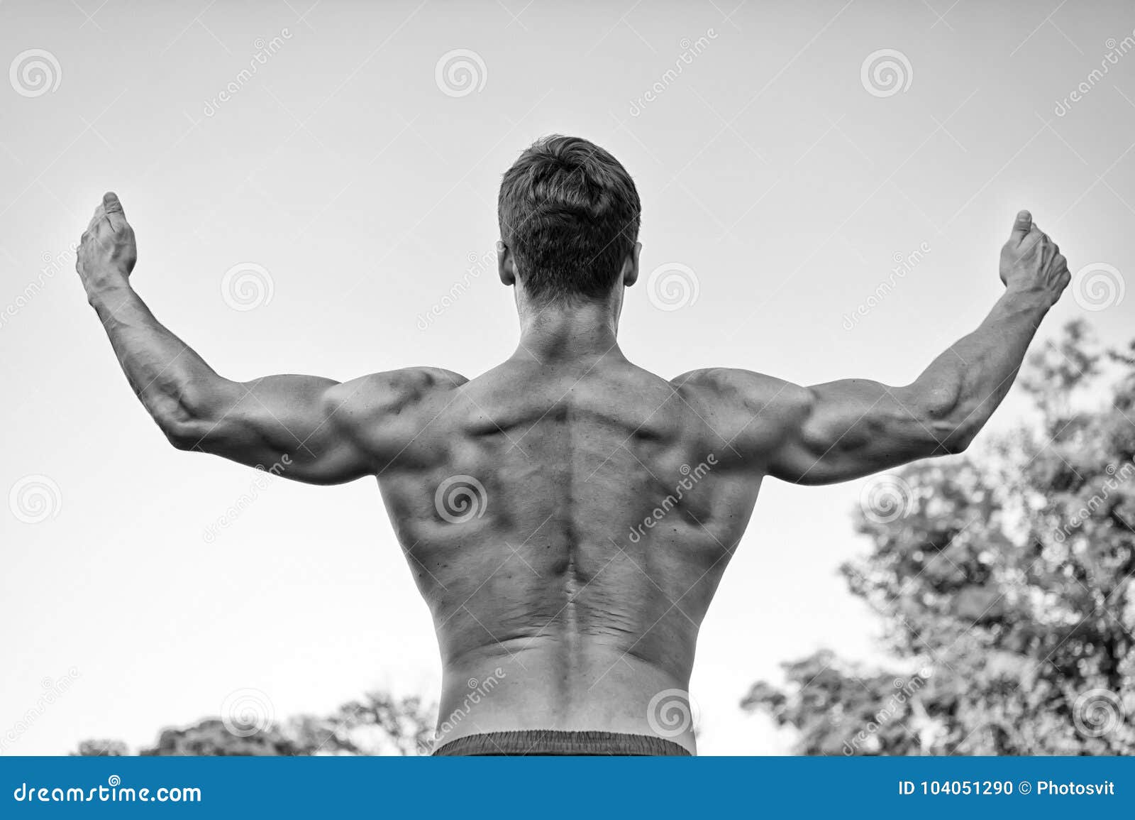 Bodybuilder Montrant Les Muscles Le Biceps Et Le Triceps Photo Stock
