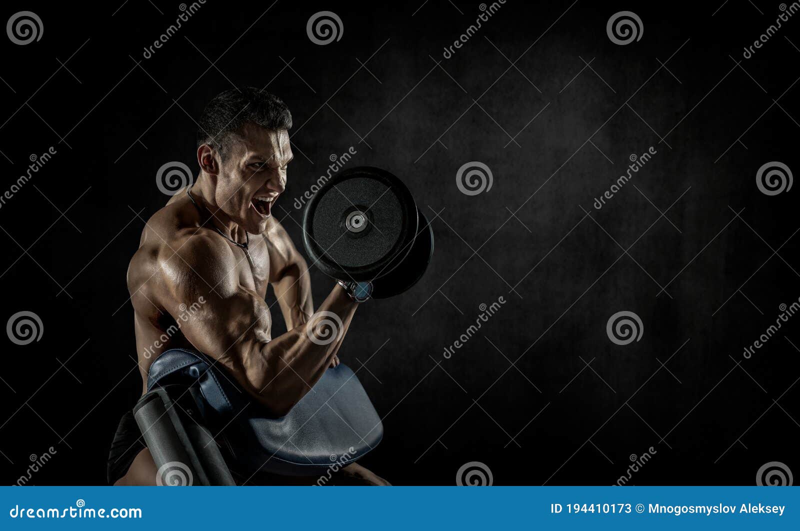 Bodybuilder Perform Exercise with Dumbbell Stock Image - Image of ...