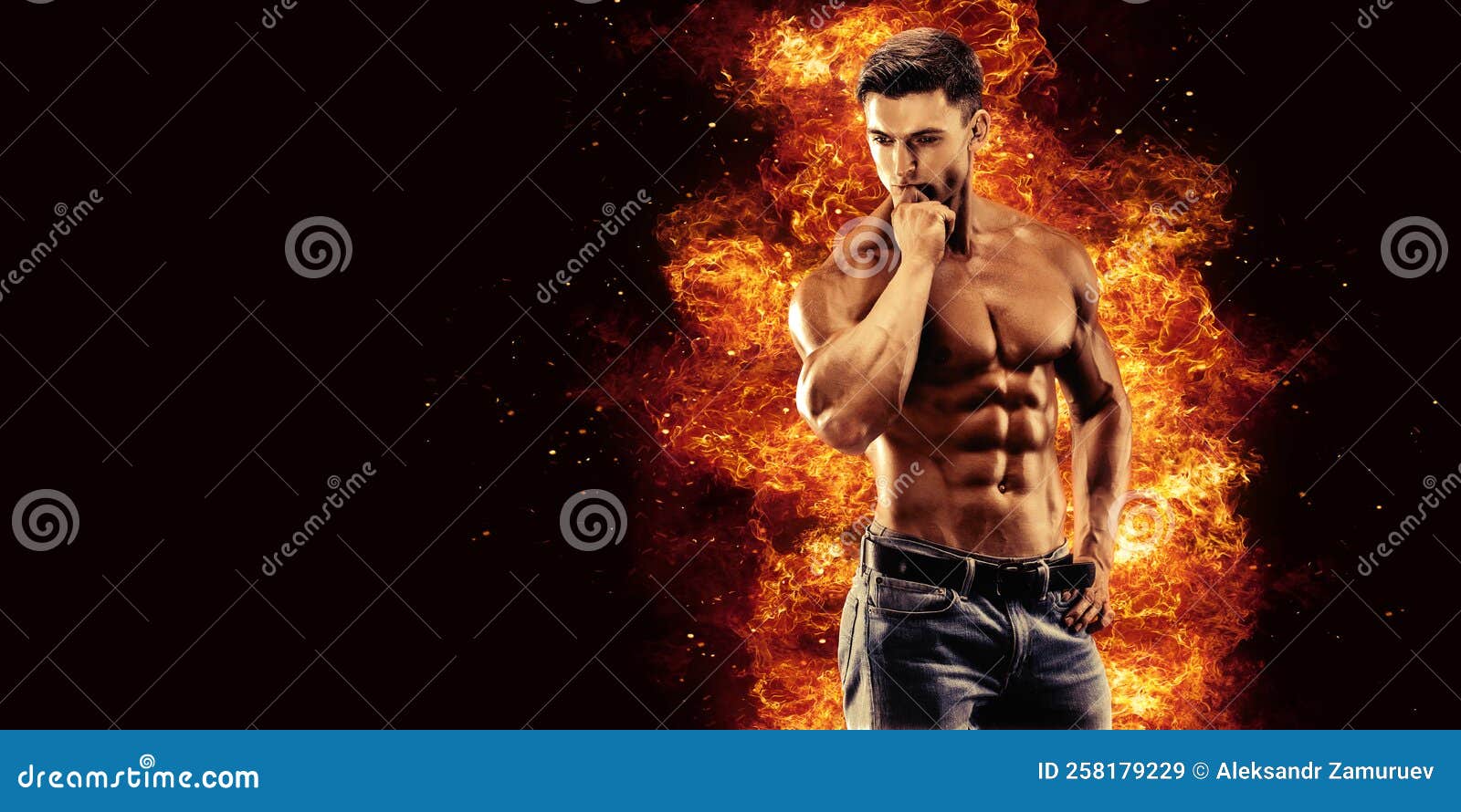 Bodybuilder Posing on the Fire Flames Background Stock Image - Image of ...