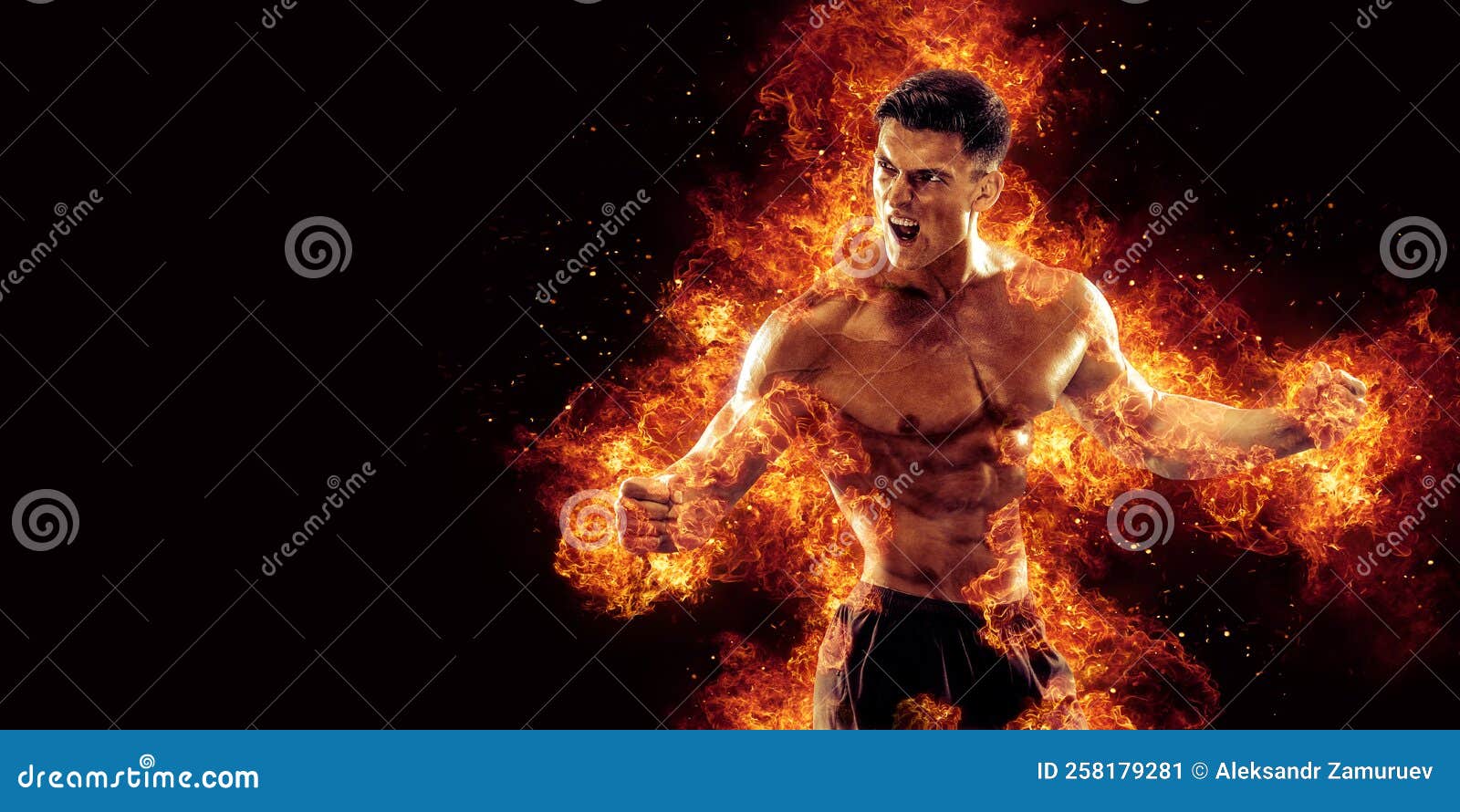 Bodybuilder Posing on the Fire Flames Background Stock Image - Image of ...