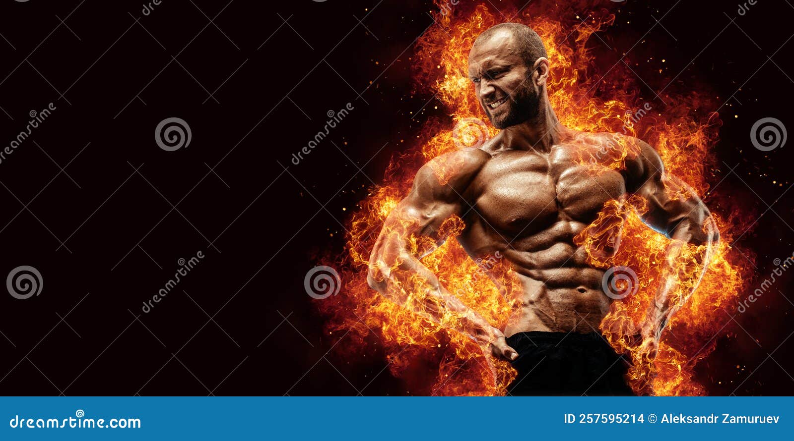 Bodybuilder Posing on the Fire Flames Background Stock Photo - Image of ...