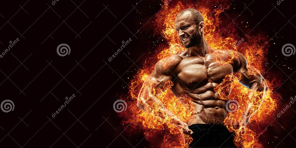 Bodybuilder Posing on the Fire Flames Background Stock Photo - Image of ...