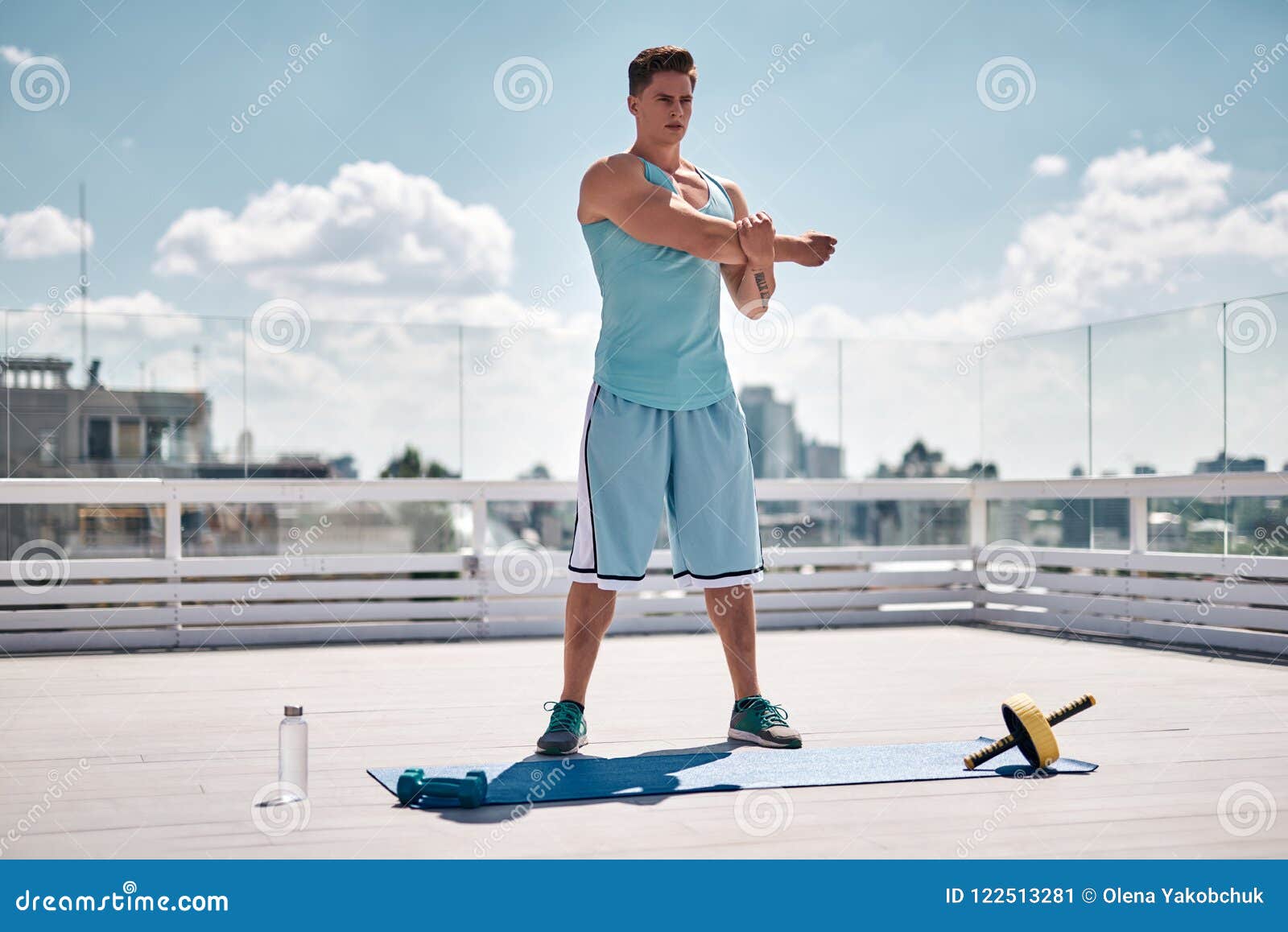 Bodybuilder is Stretching Arm after Work Out Outside Stock Image ...