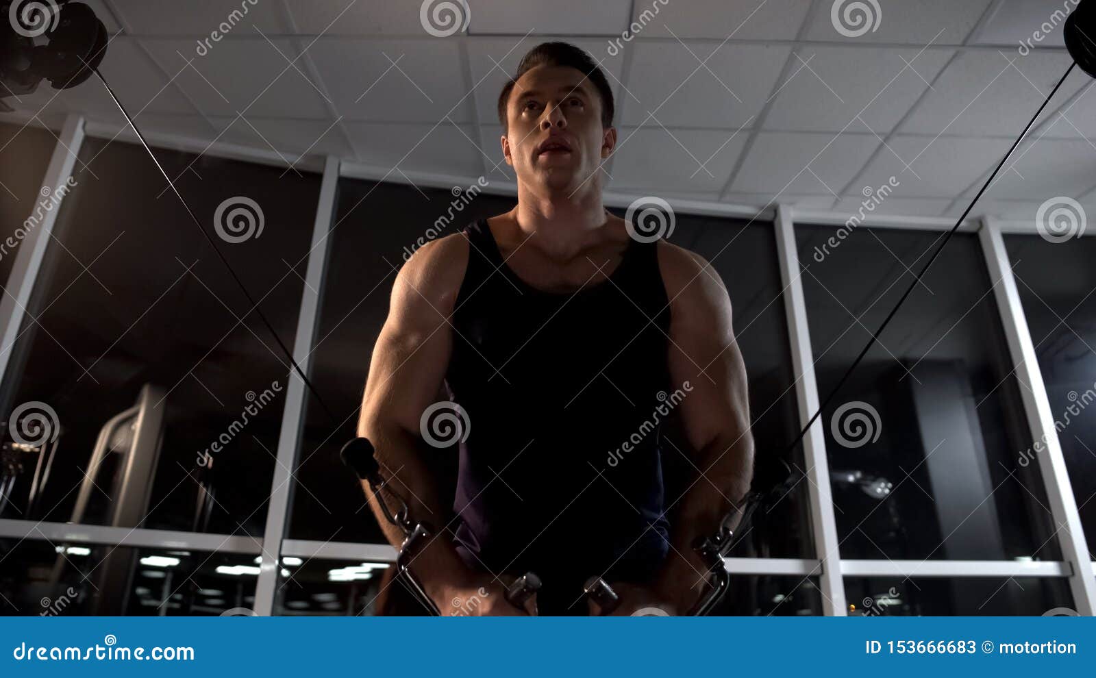 Bodybuilder Training Chest Muscles, Doing Cable Fly Exercise, Achieving ...