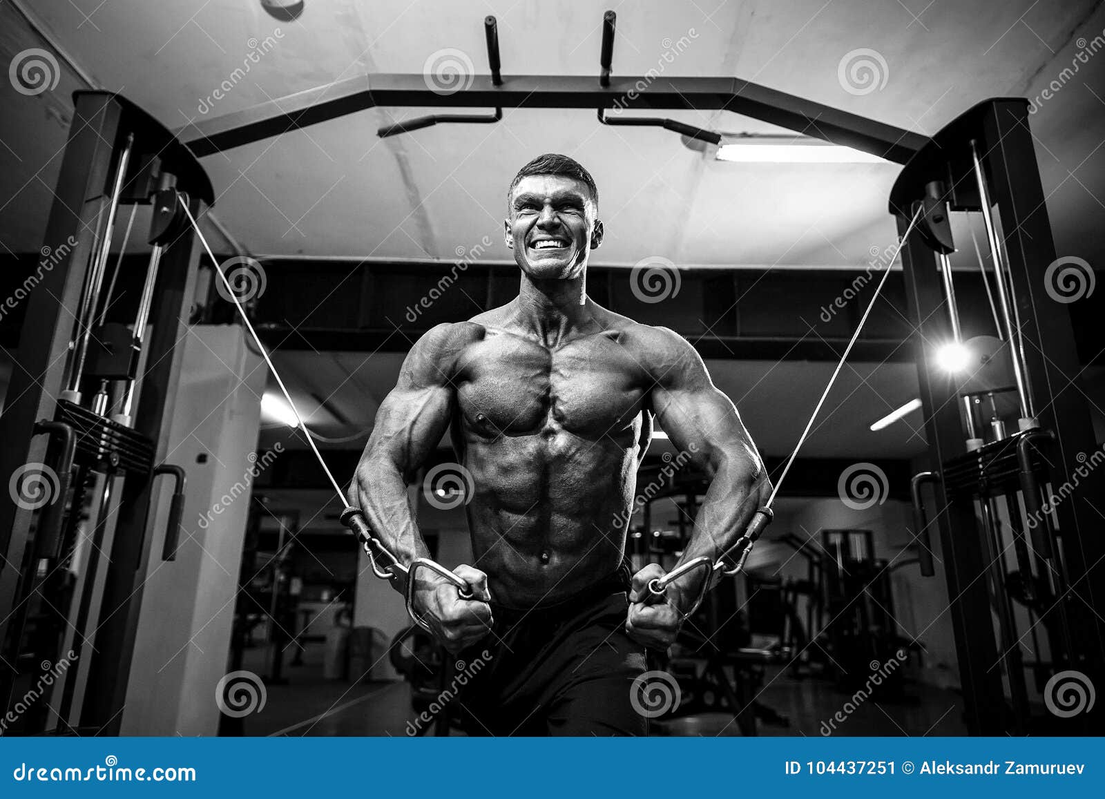 Bodybuilder is Working on His Chest with Cable Crossover in Gym. Stock ...