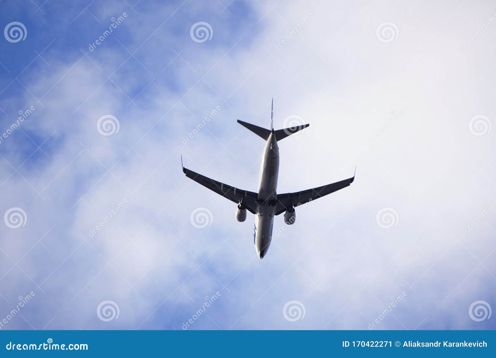 Boeing 737 in Flight, Bottom View, Against the Blue Sky with Clouds ...