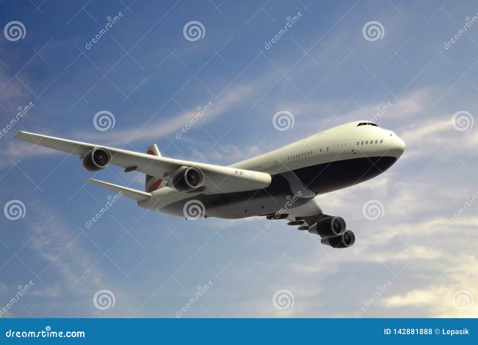 Boeing 747 Flying in the Blue Sky with Clouds Stock Photo - Image of ...