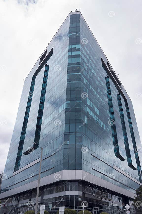 BOGOTA, COLOMBIA Low Angle View of a Triangular Modern Blue Window ...