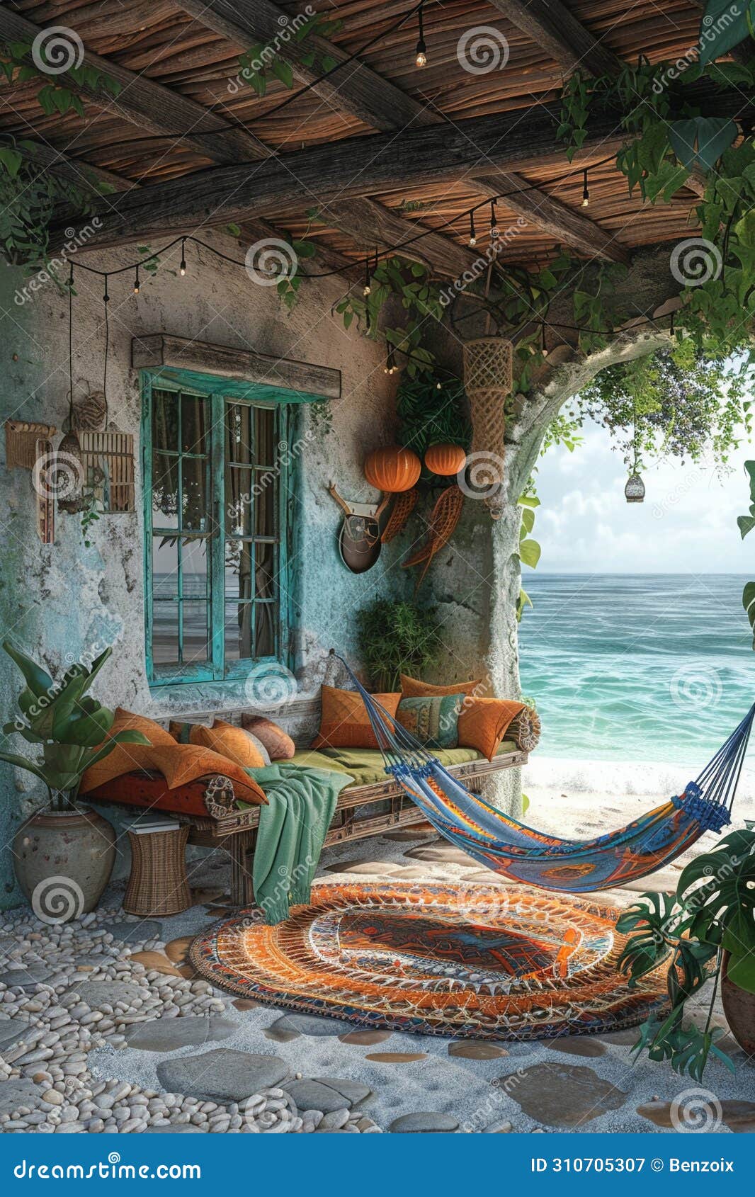 Bohemian Beach Hut with Colorful Fabrics Hammocks Stock Illustration ...