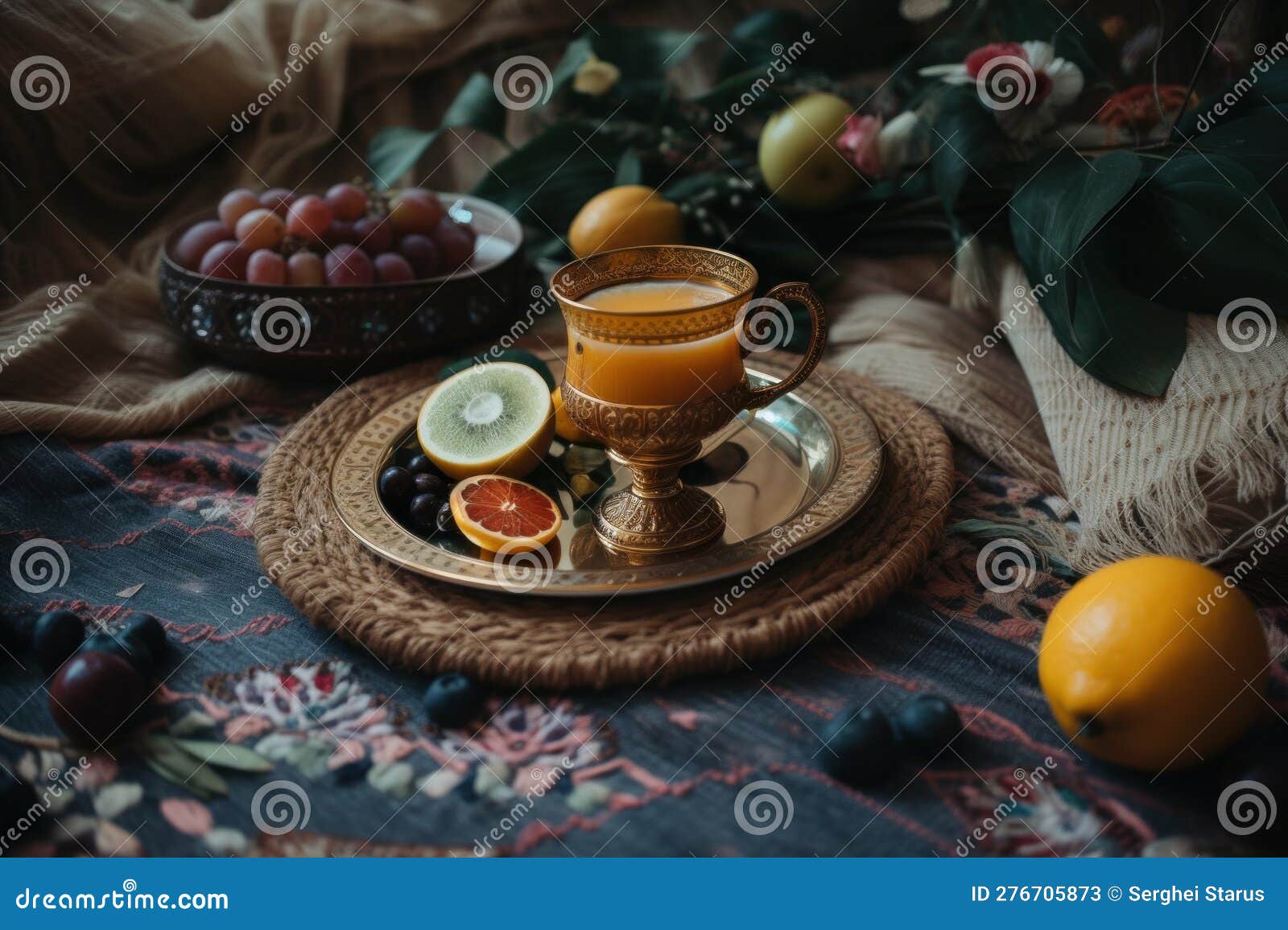A Bohemian Inspired Still Life, Plate of Fruit and a Cup of Juice on a ...