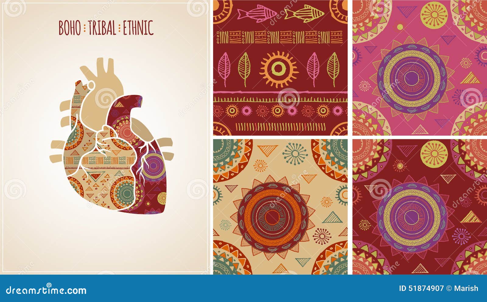 Bohemian, Tribal, Ethnic Background with Heart Stock Vector ...