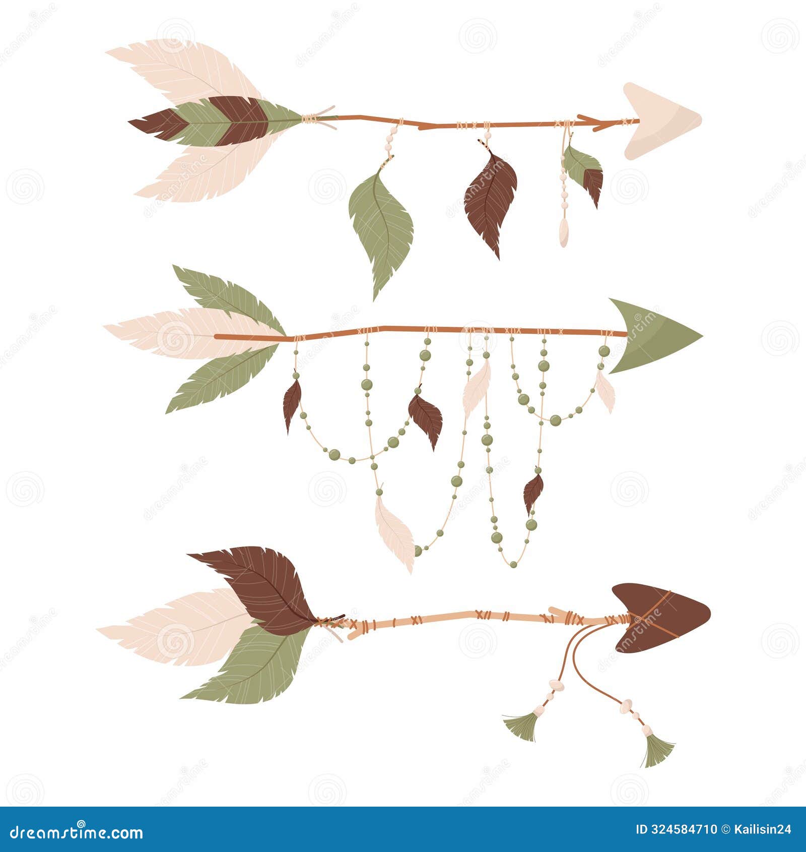 Set of Illustrations of Arrows in Boho Style with Feathers and Beads on ...