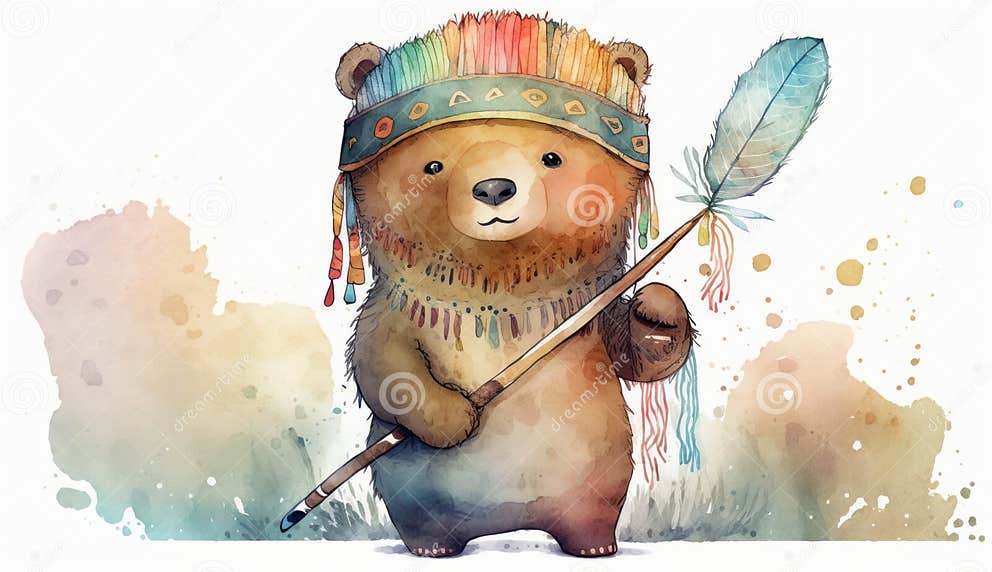 Boho Bear with Feather Headdress AI Generated Stock Illustration ...