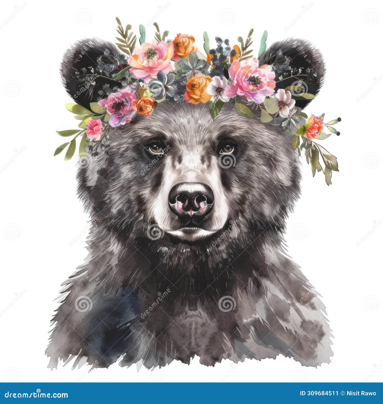 Boho Bear with Floral Crown Stock Image - Image of theme, friendly ...