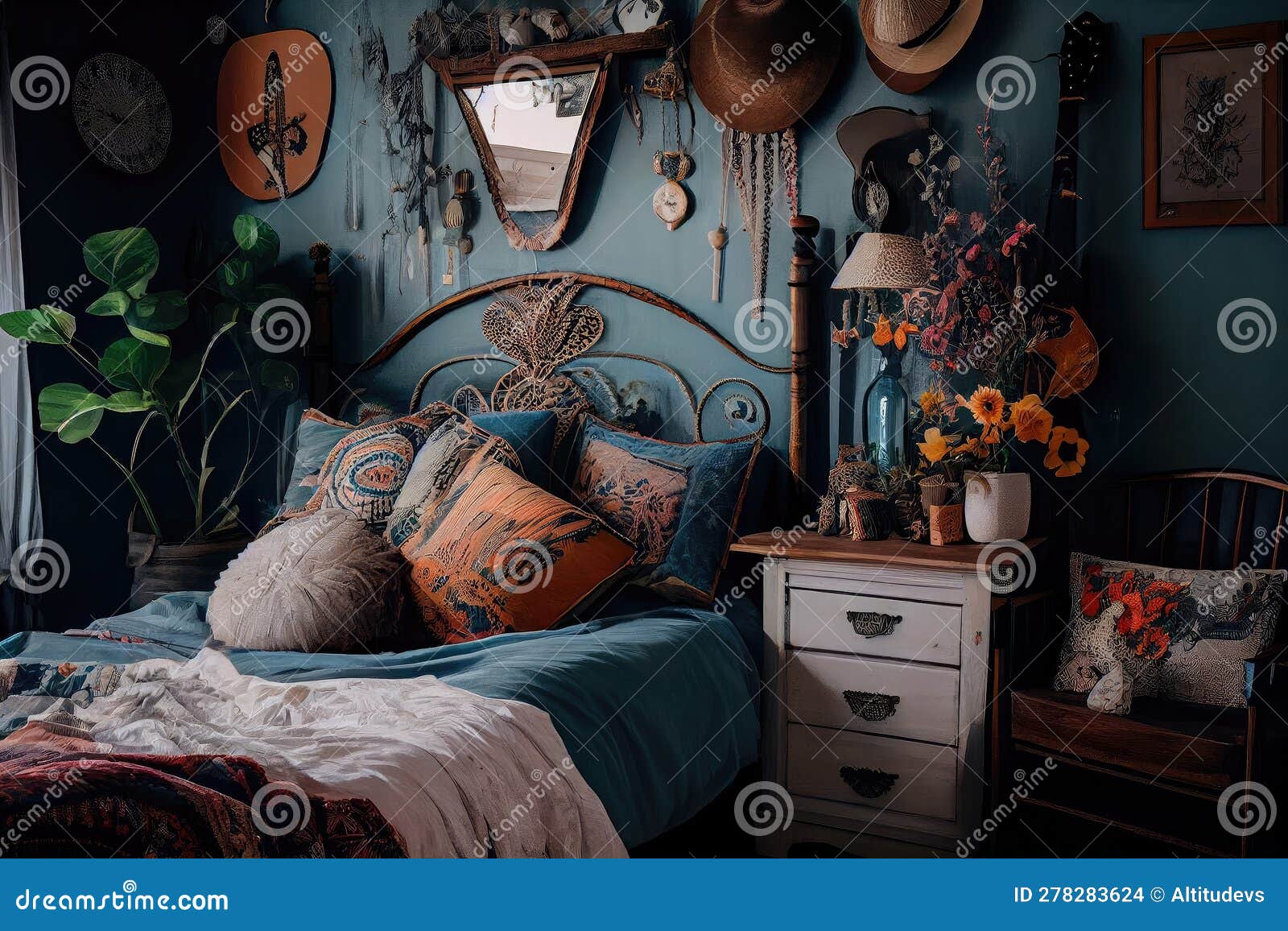 Boho Bedroom, with Whimsical Decor and Vintage Elements Stock ...