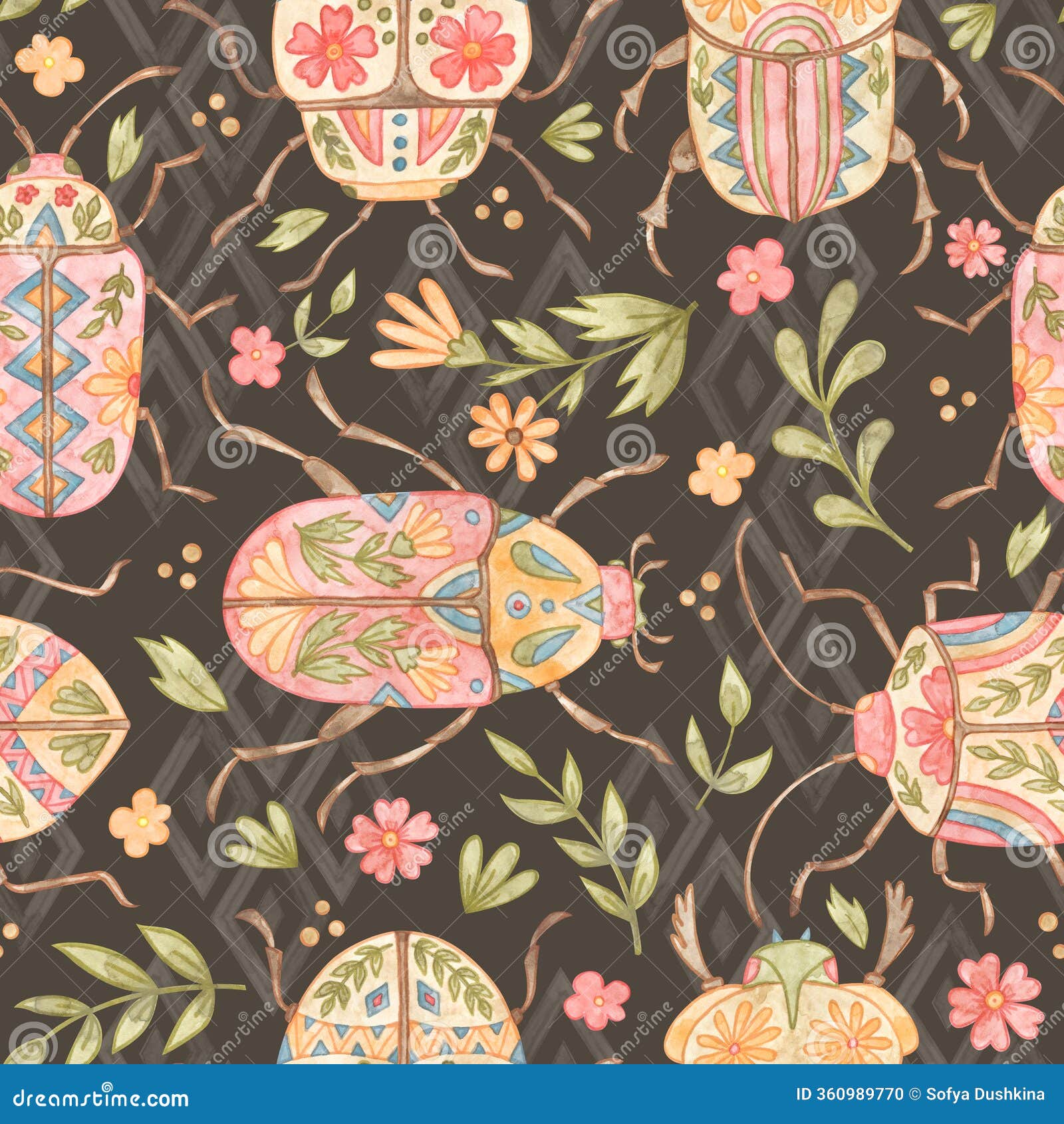 Folk Bugs Seamless Pattern on Brown Background Stock Photo - Image of ...