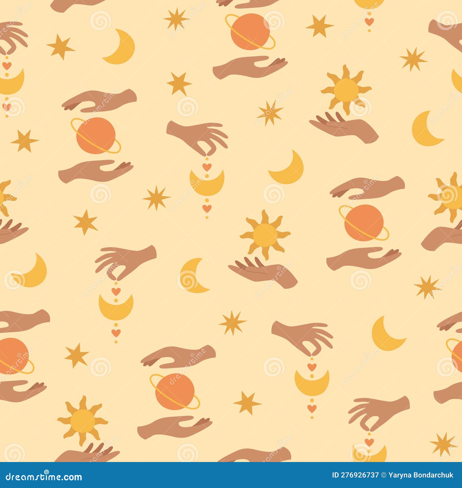 Boho Celestial Seamless Pattern with Hands, Stars, Planet, Moon and Sun ...