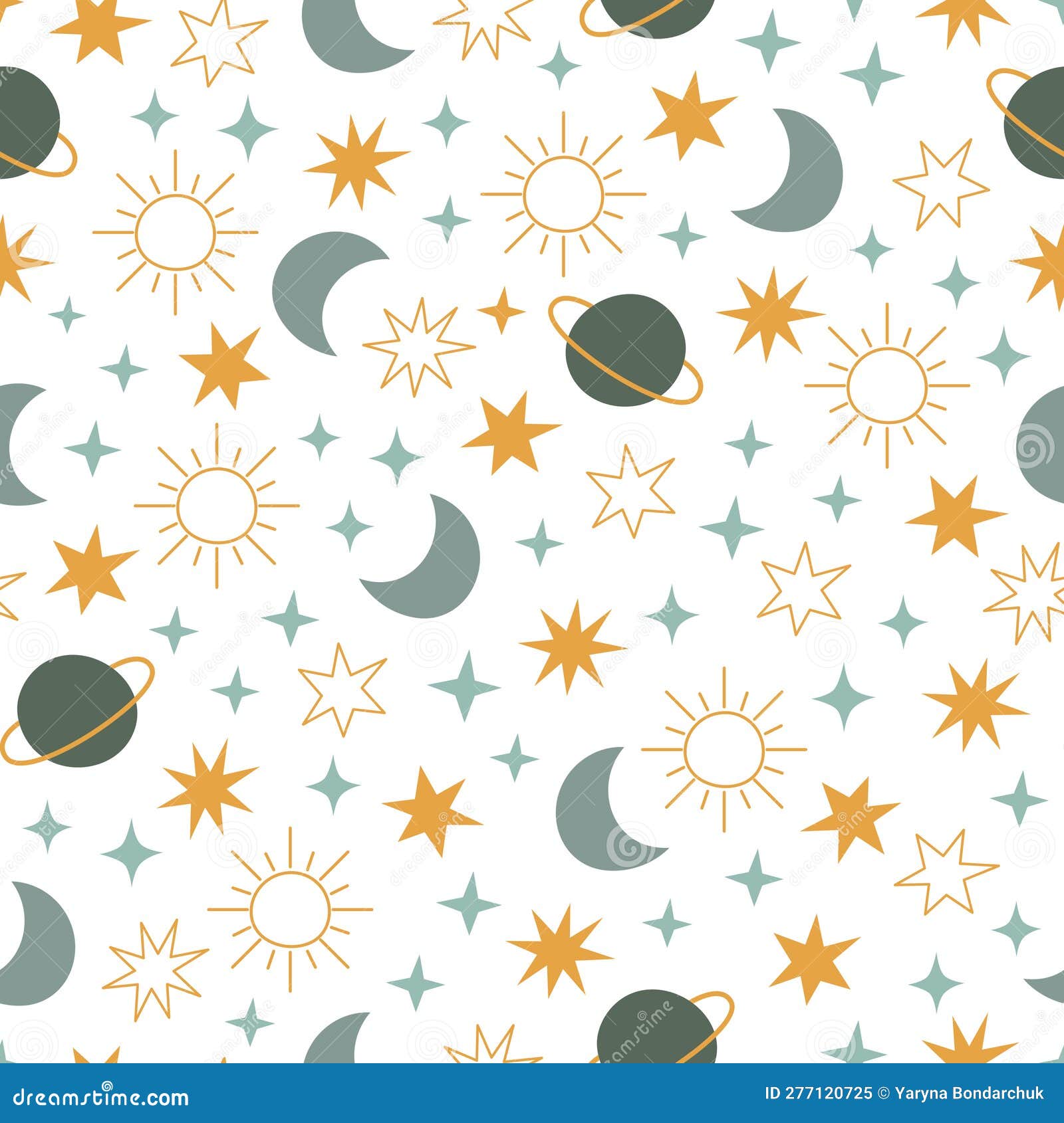 Boho Celestial Seamless Pattern with Stars, Planet, Moon and Sun ...