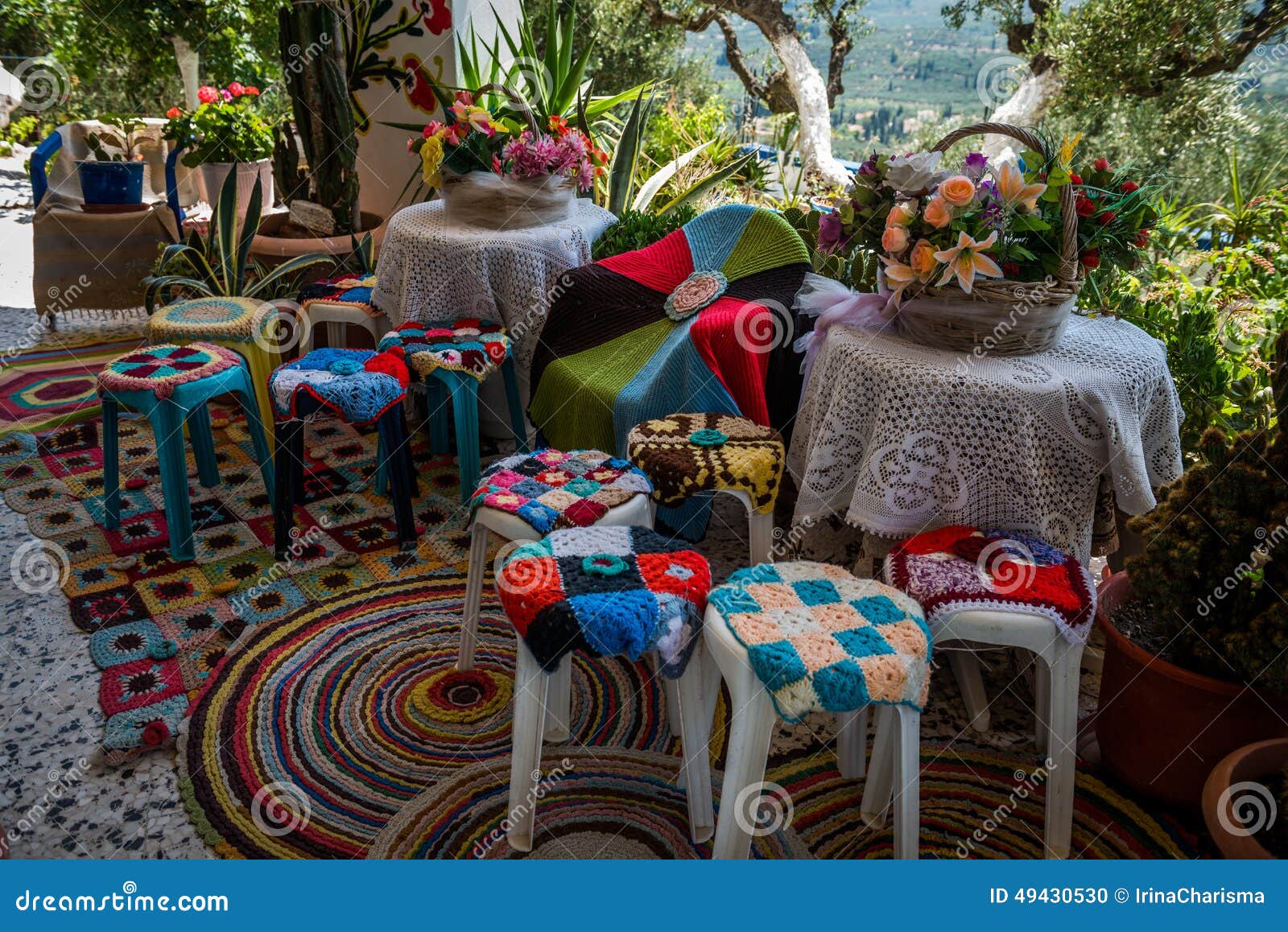 Boho Chic Interior in Greek Taverna Stock Photo - Image of bohemian ...